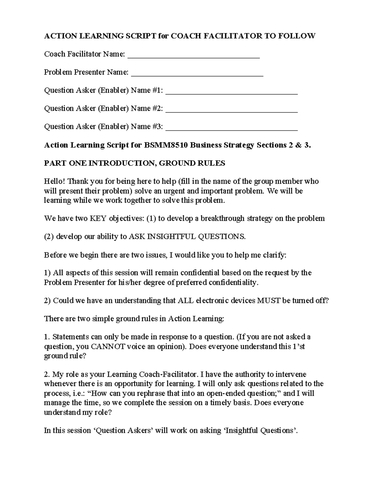 2. AL Script Exercise BSMM8510-01, 02, 03 W-23 - Coach Facilitator Name ...