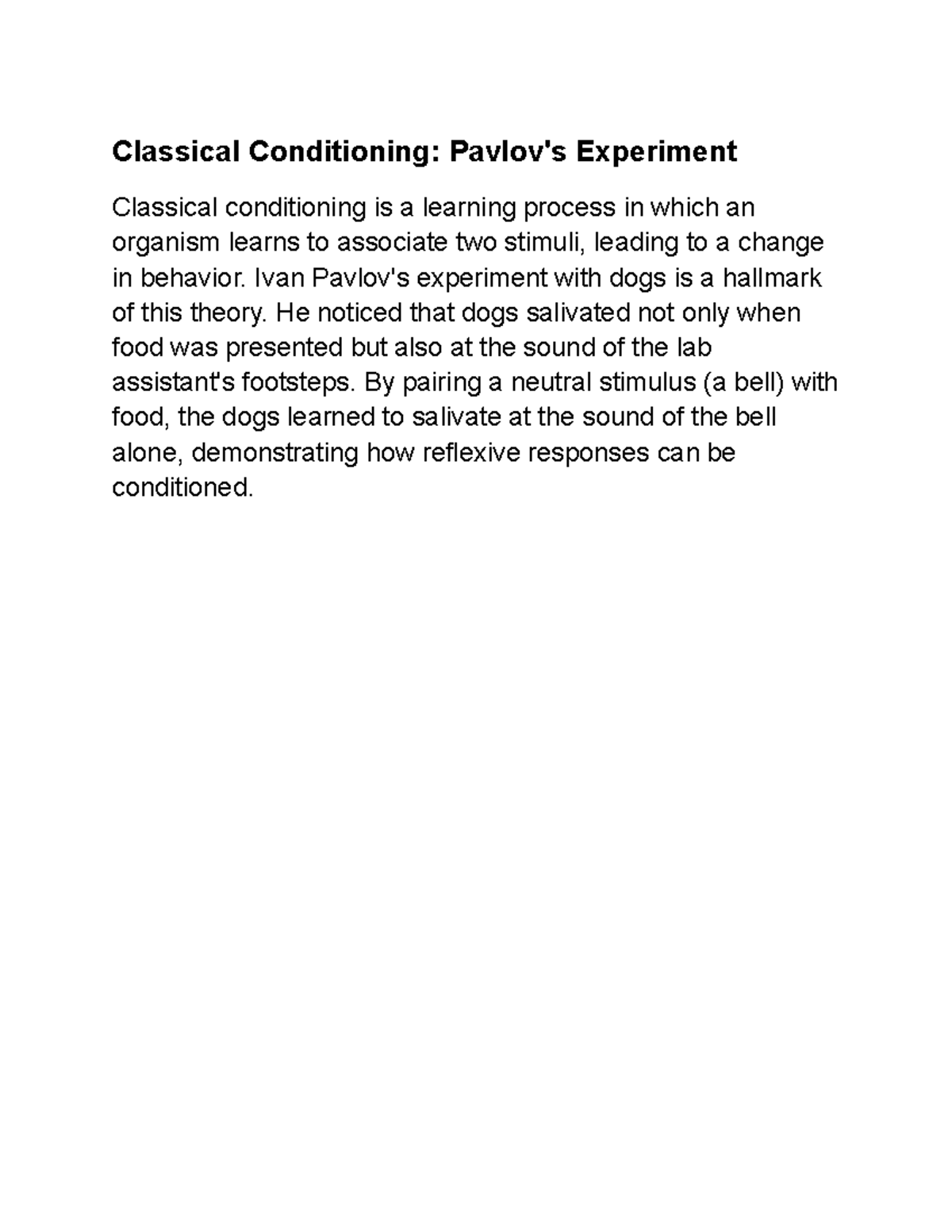 Classical Conditioning Pavlov's Experiment - Classical Conditioning ...