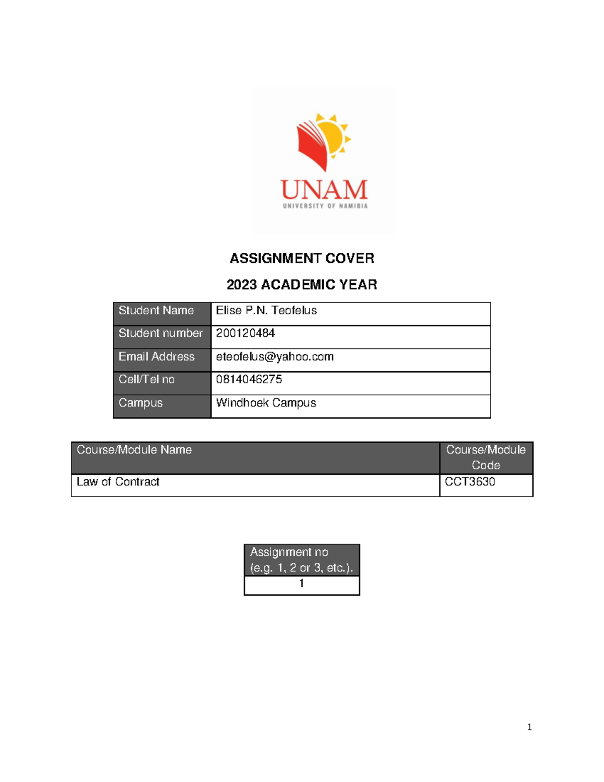 2001 20484 CCT3630 Assignment 1 - ASSIGNMENT COVER 2023 ACADEMIC YEAR ...