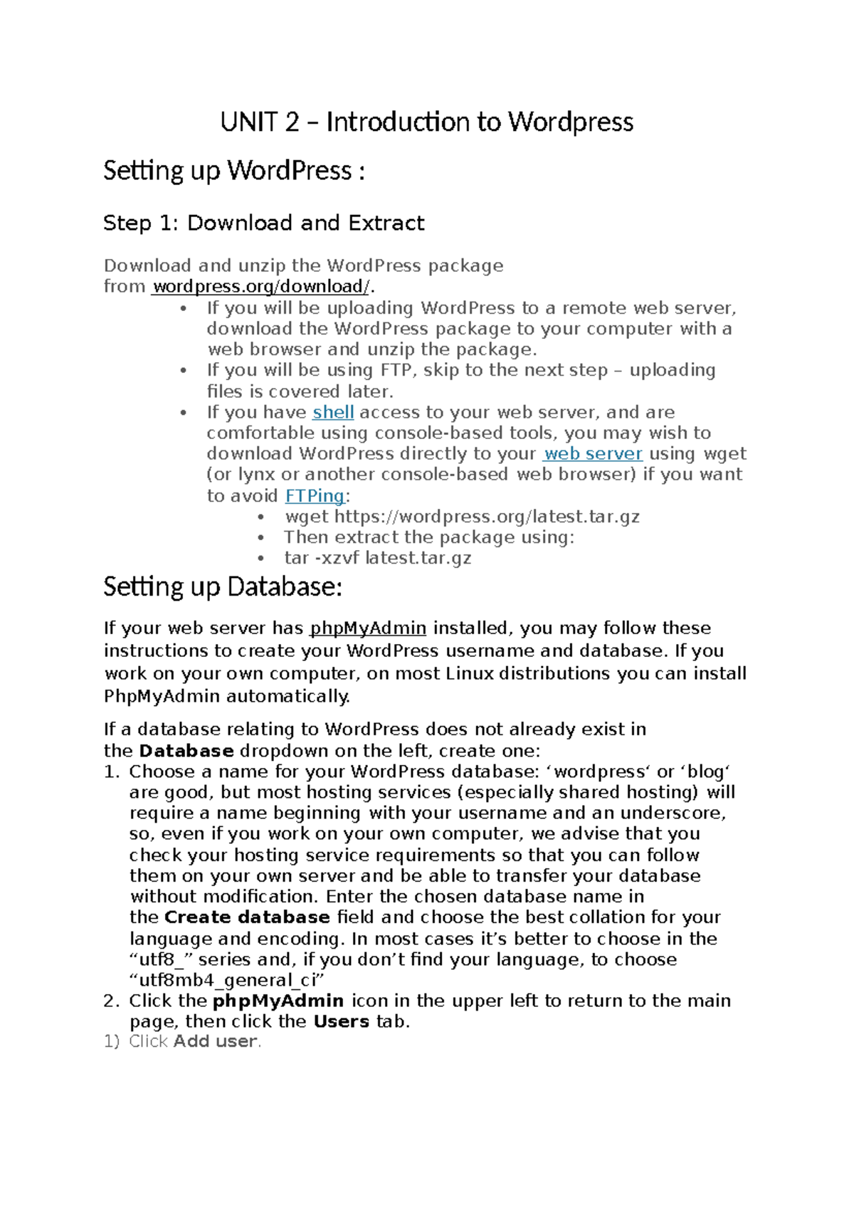 Unit 2 Wordpress - NOTES - UNIT 2 – Introduction to Wordpress Setting ...