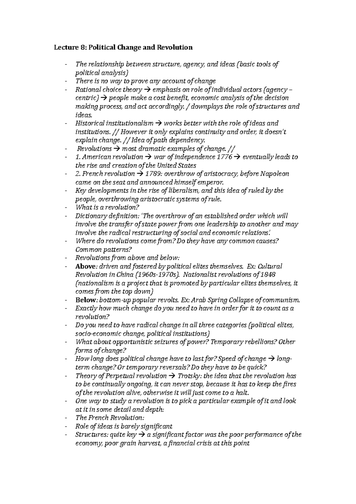 Lecture 8- political change and revolution - downplays the role of ...