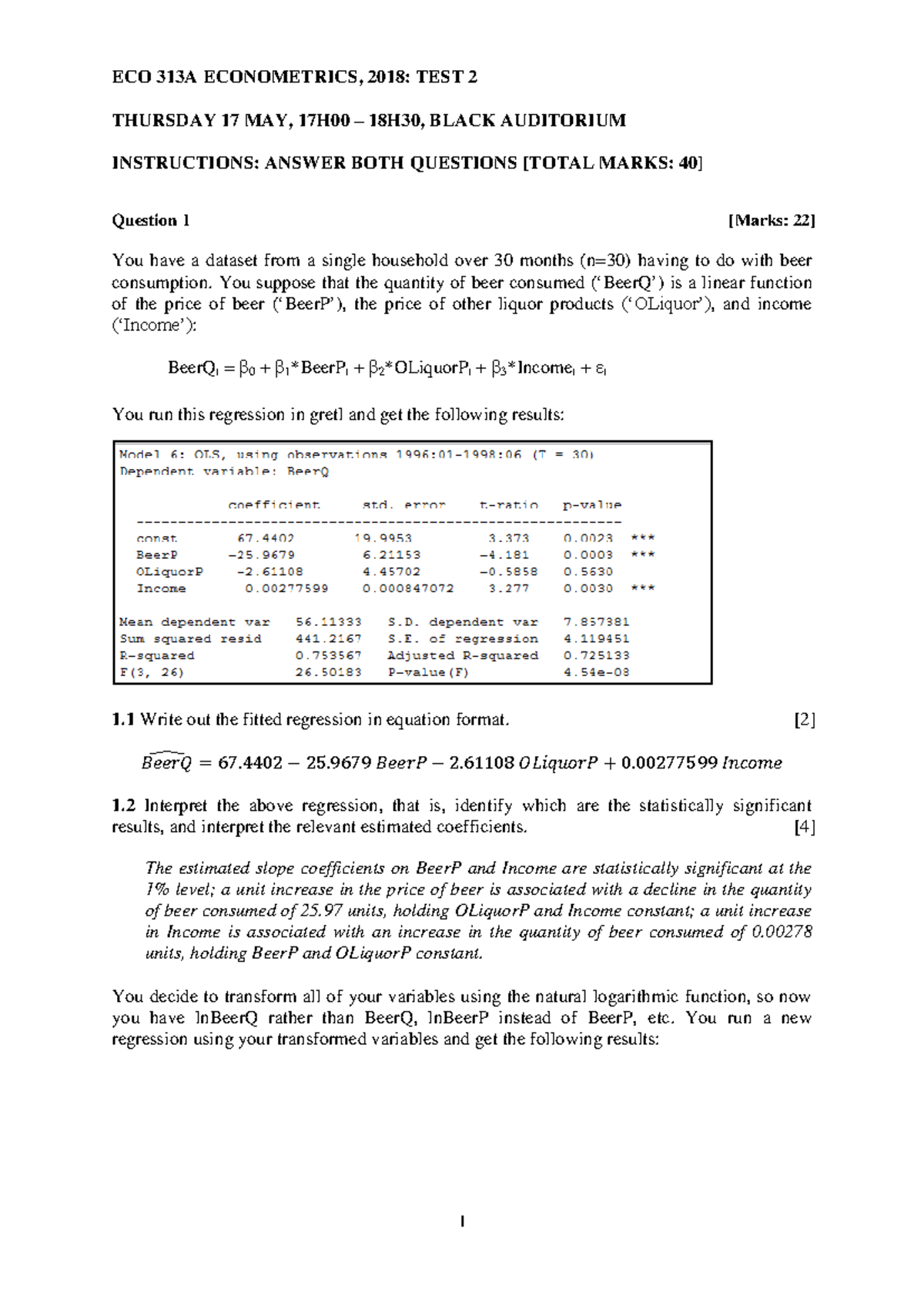 Eco313A test2 2018 Anwers - ECO 313A ECONOMETRICS, 2018: TEST 2 ...