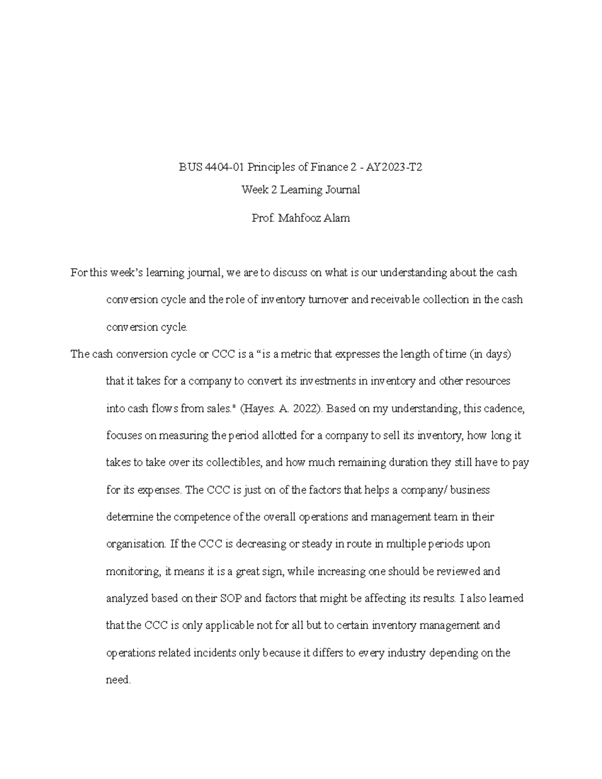 Week 2 Learning Journal Response - BUS 4404-01 Principles of Finance 2 - AY2023-T Week 2 ...