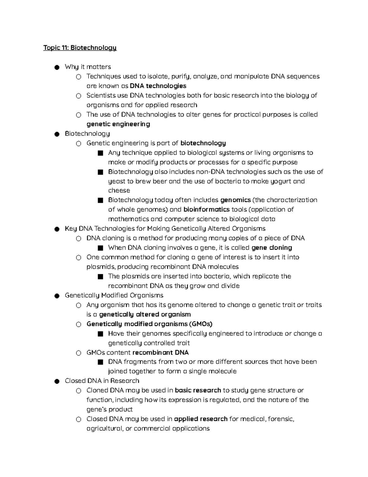 Topic 11 Lecture Notes - Thomas Abbott - Topic 11: Biotechnology Why it ...