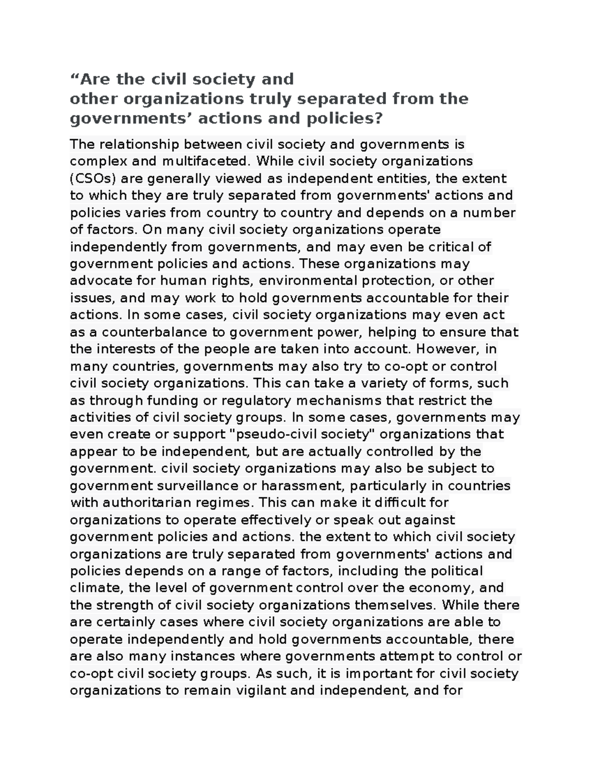 Contemporary activity 4 - “Are the civil society and other ...