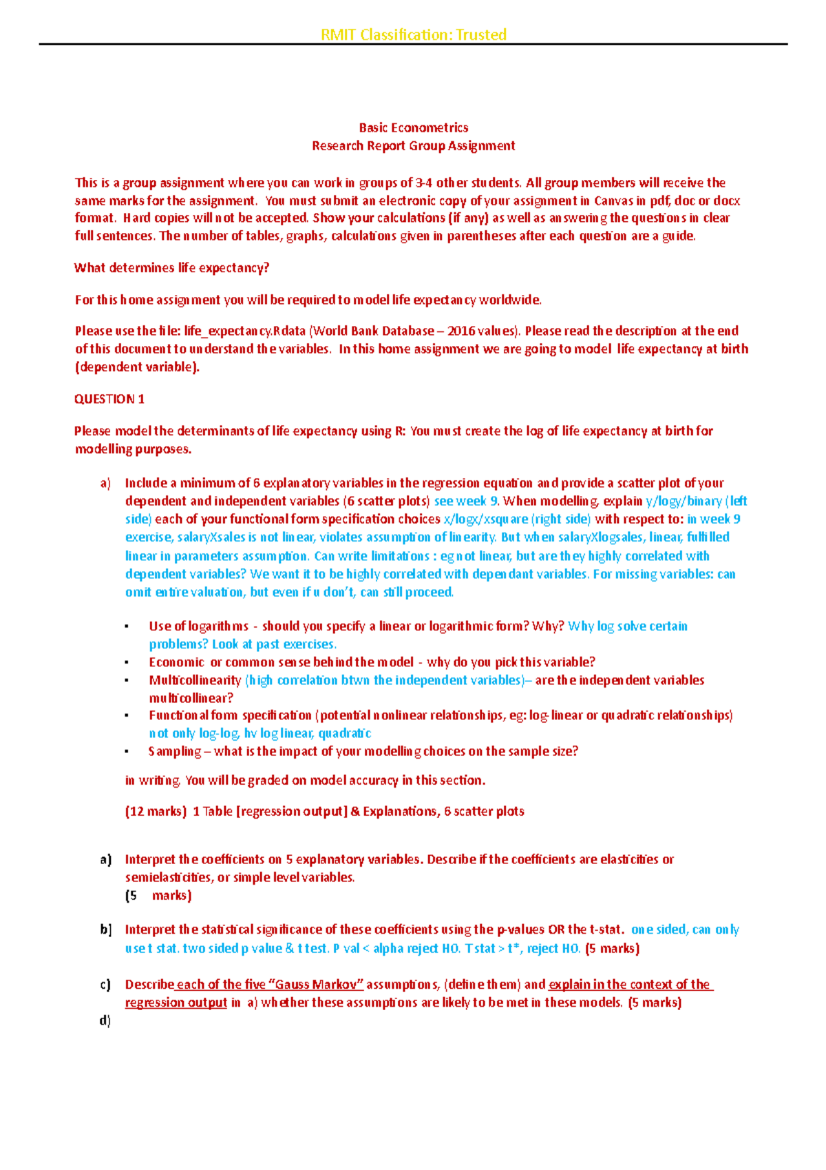 Group Assignment questions tips - Basic Econometrics Research Report Group Assignment This is a ...
