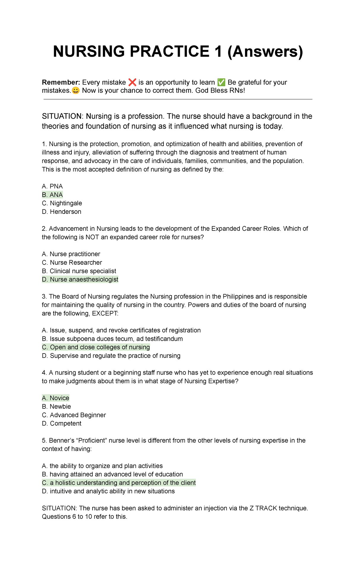 🔑 NP1 - Practice Questions with key ans - NURSING PRACTICE 1 (Answers ...