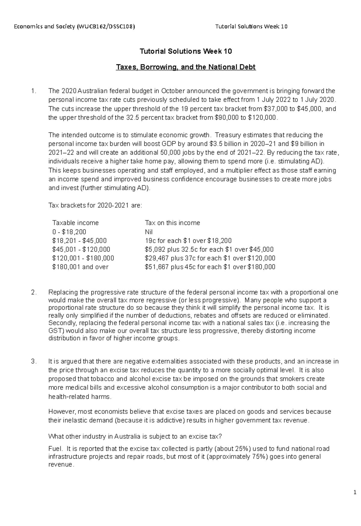 Week 10 Solutions of economics - Tutorial Solutions Week 10 Taxes ...