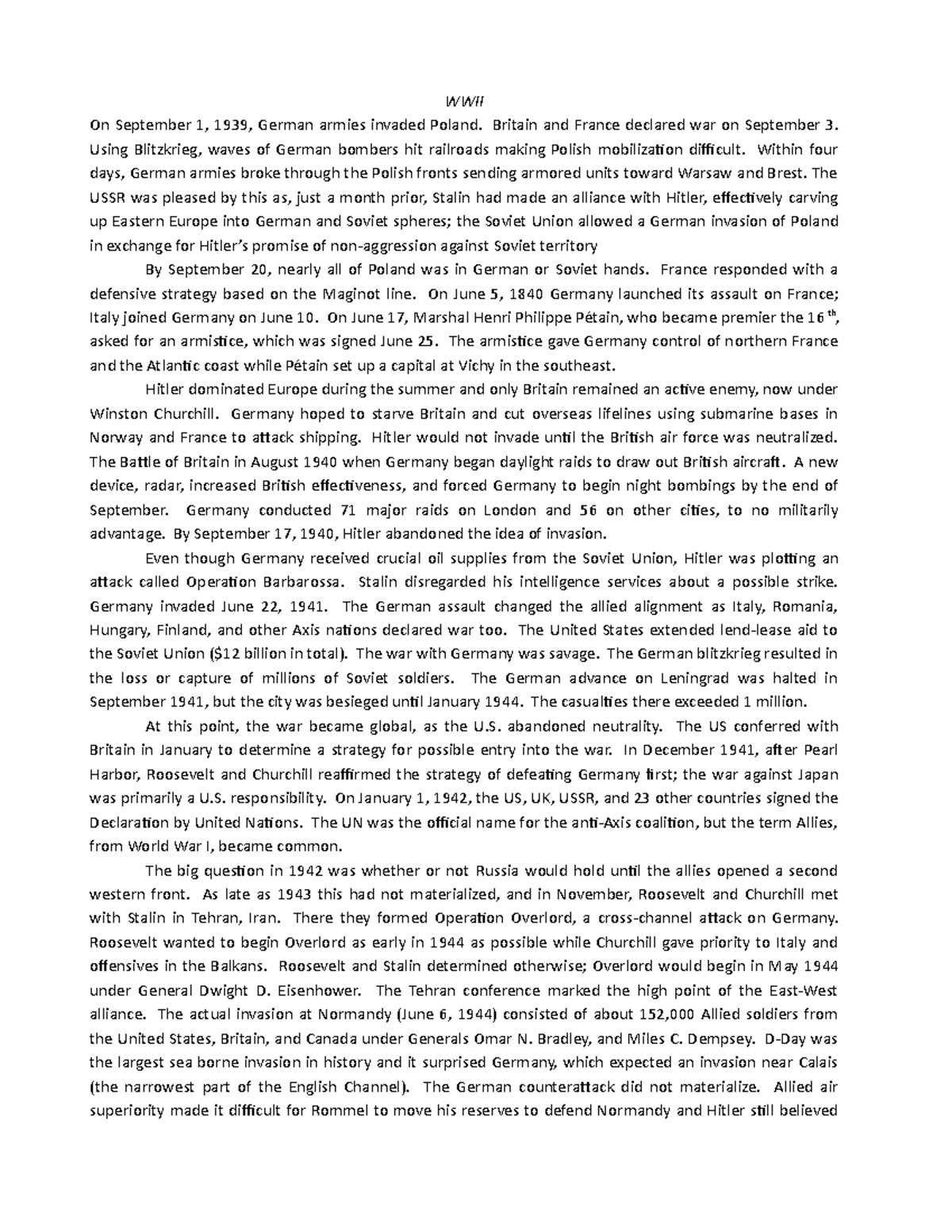 WWII - Lecture notes 9 - WWII On September 1, 1939, German armies ...