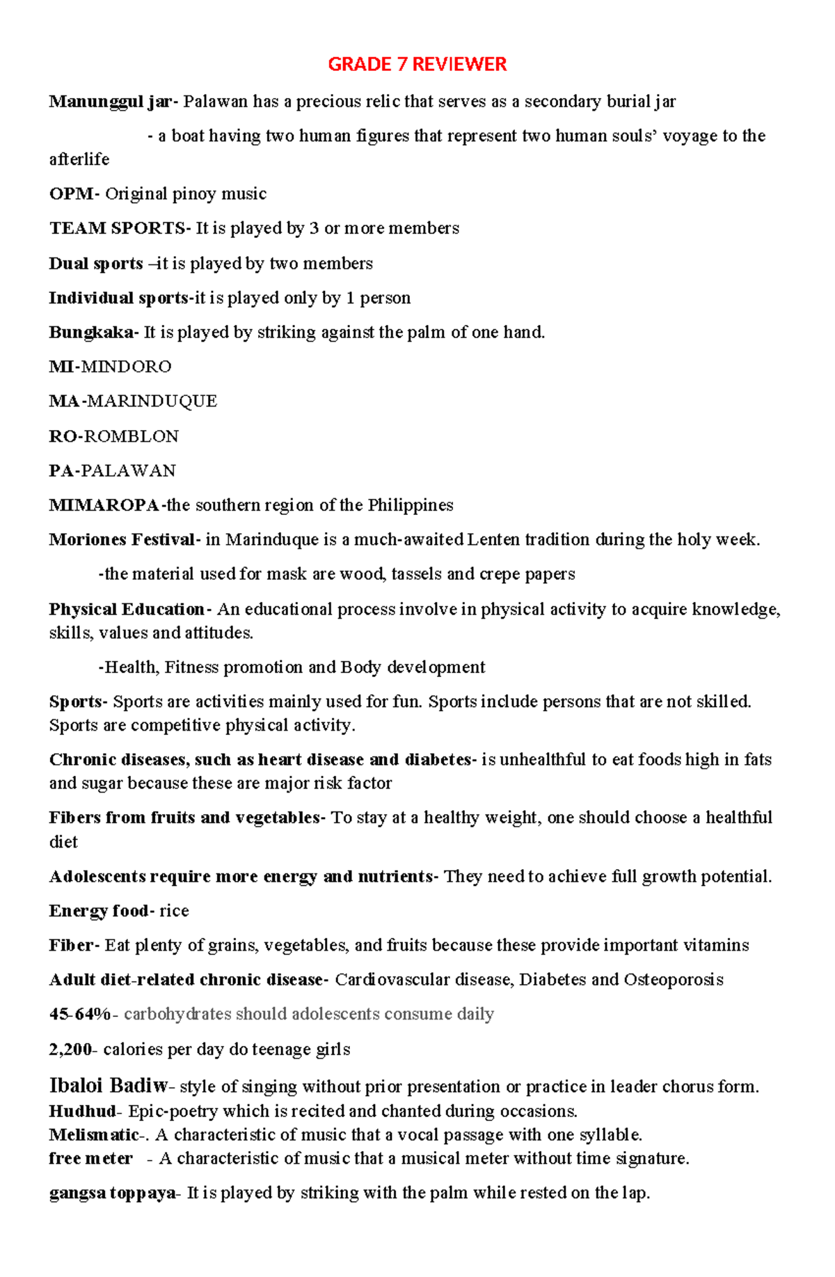 Reviewer 7 - Summary Special Teaching Course - GRADE 7 REVIEWER ...