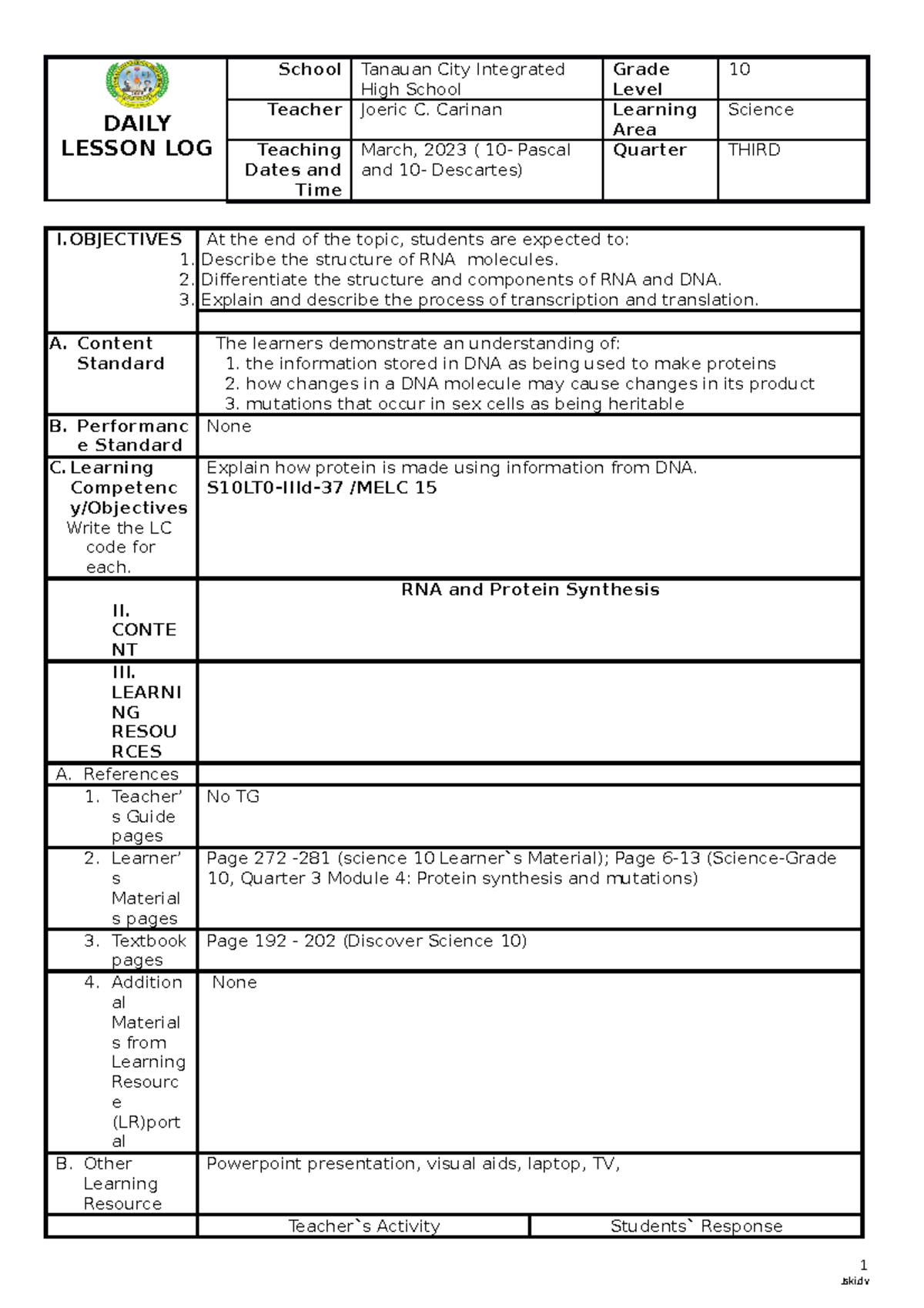 DLP RNA AND Protein Synthesis - DAILY LESSON LOG School Tanauan City ...