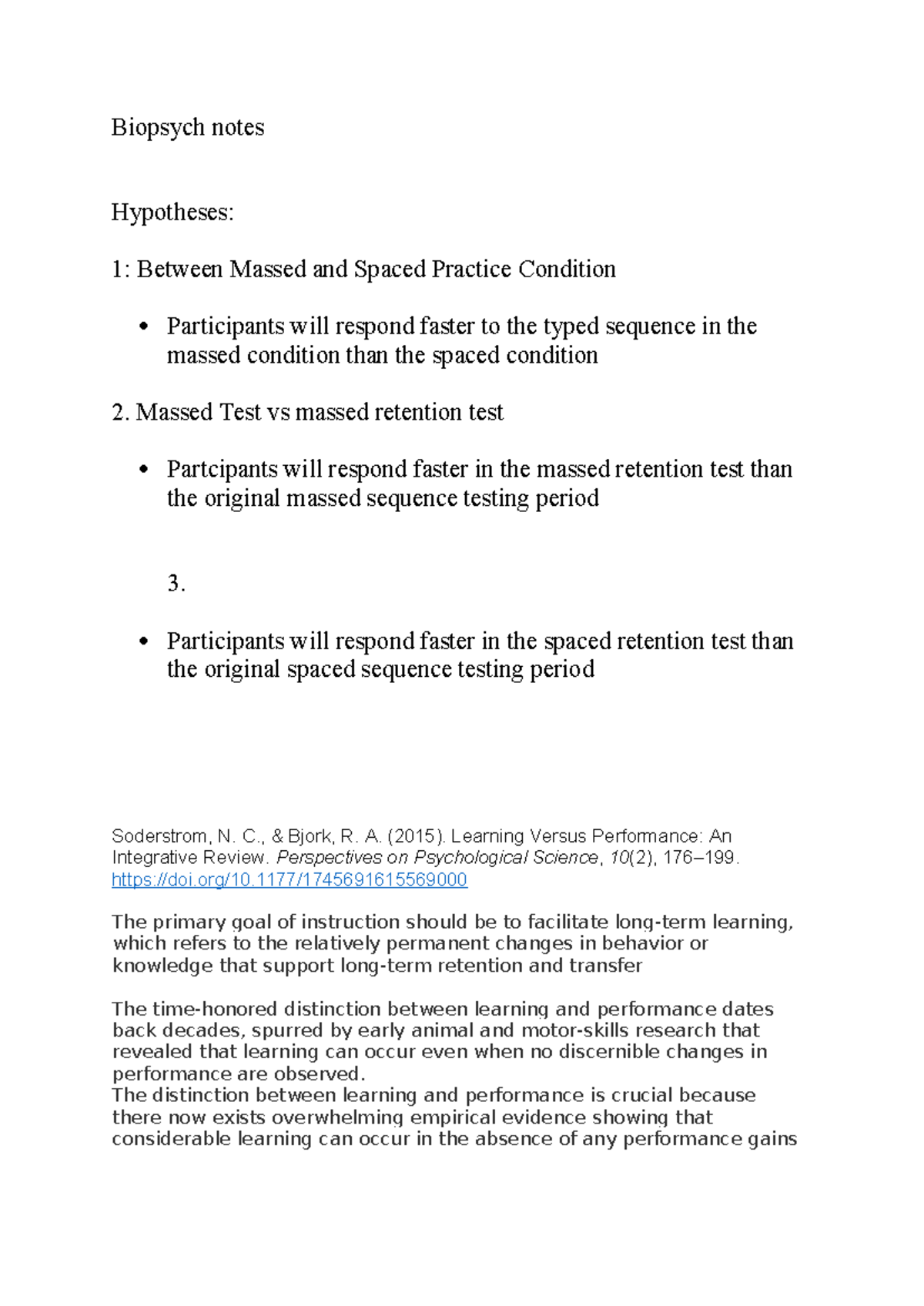 Biopsych notes - Biopsych notes Hypotheses: 1: Between Massed and ...