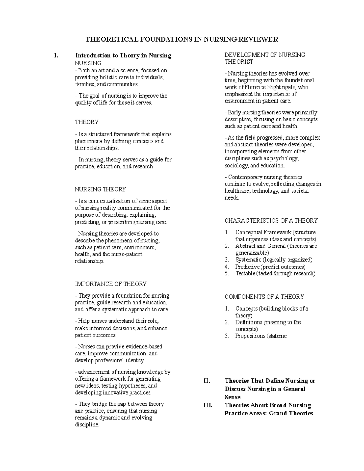 TFN Reviewer - THEORETICAL FOUNDATIONS IN NURSING REVIEWER I ...