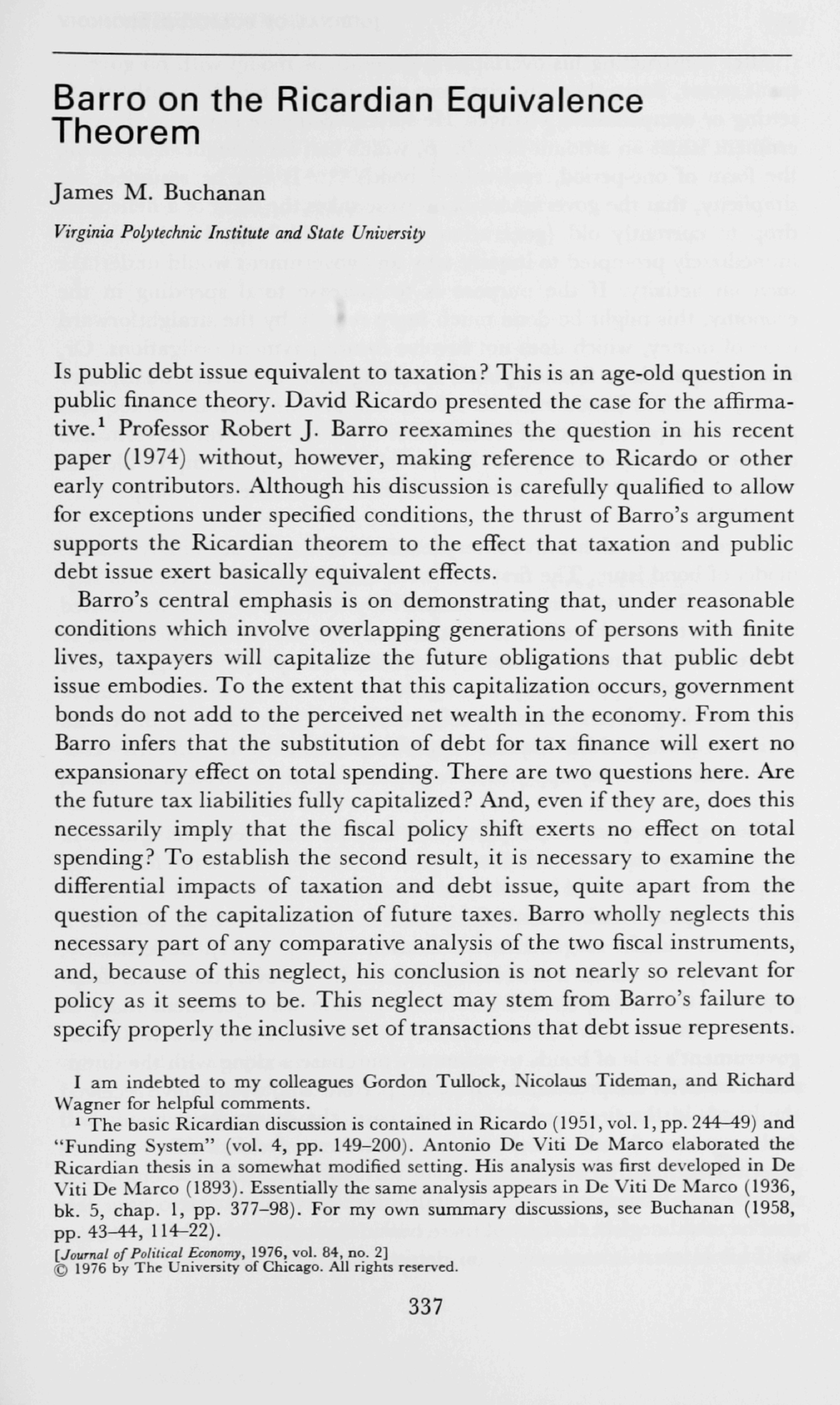 [James Buchanan] Barro on the Recardianl Equivalence Theorem - Barro on the Ricardian ...