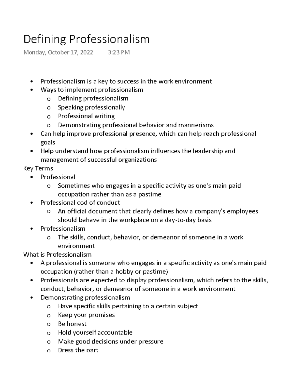 Defining Professionalism - Studocu