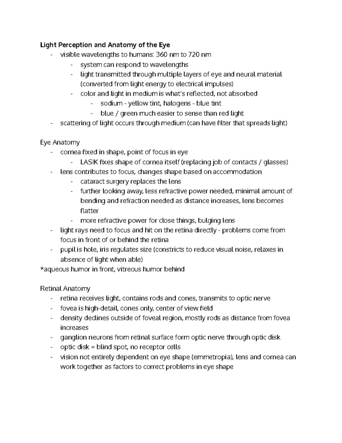 ERAU PSY 310 Eye Anatomy and Light Perception Notes - Light Perception ...