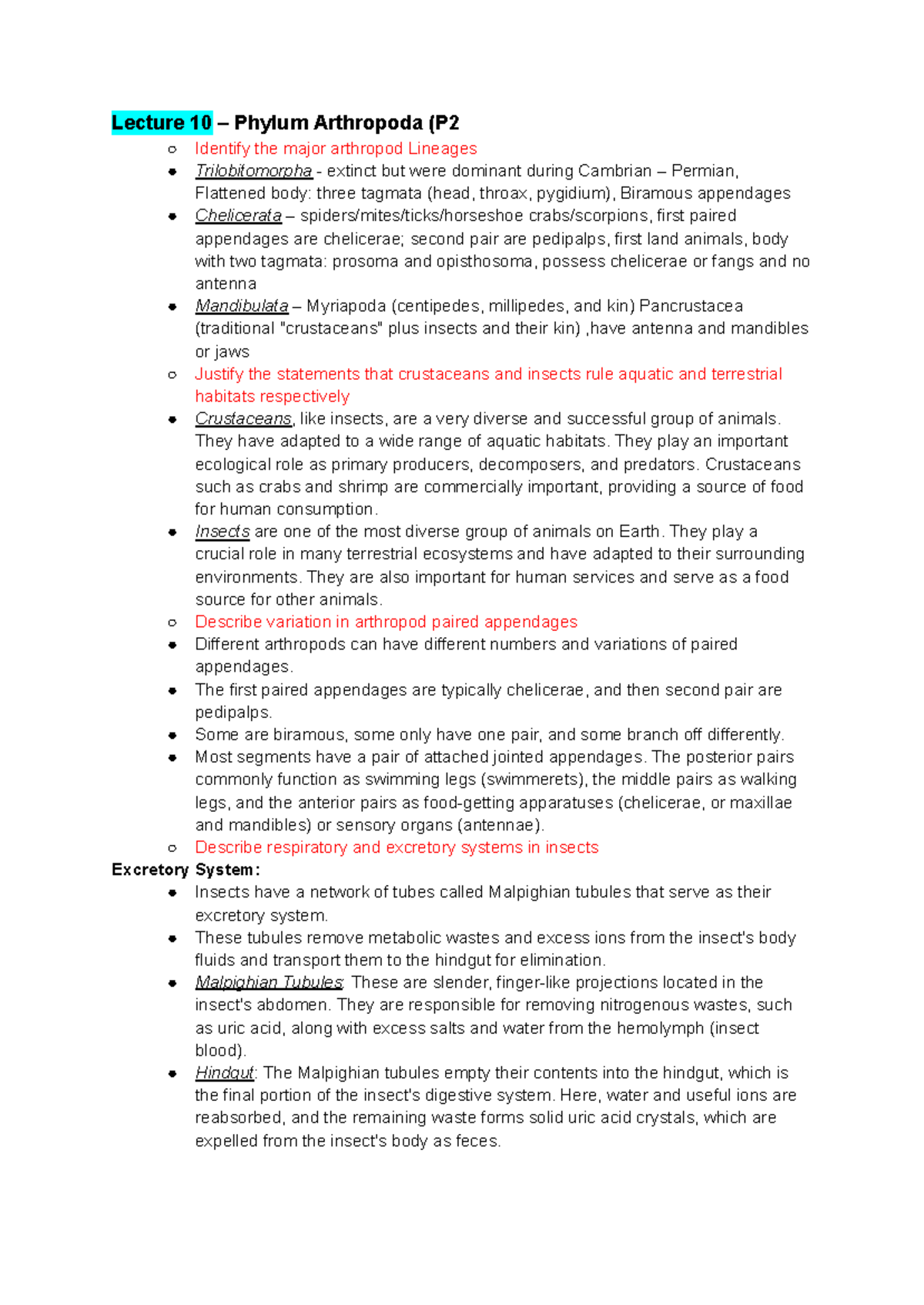 10-12 - Lecture 10 – Phylum Arthropoda (P Identify the major arthropod ...