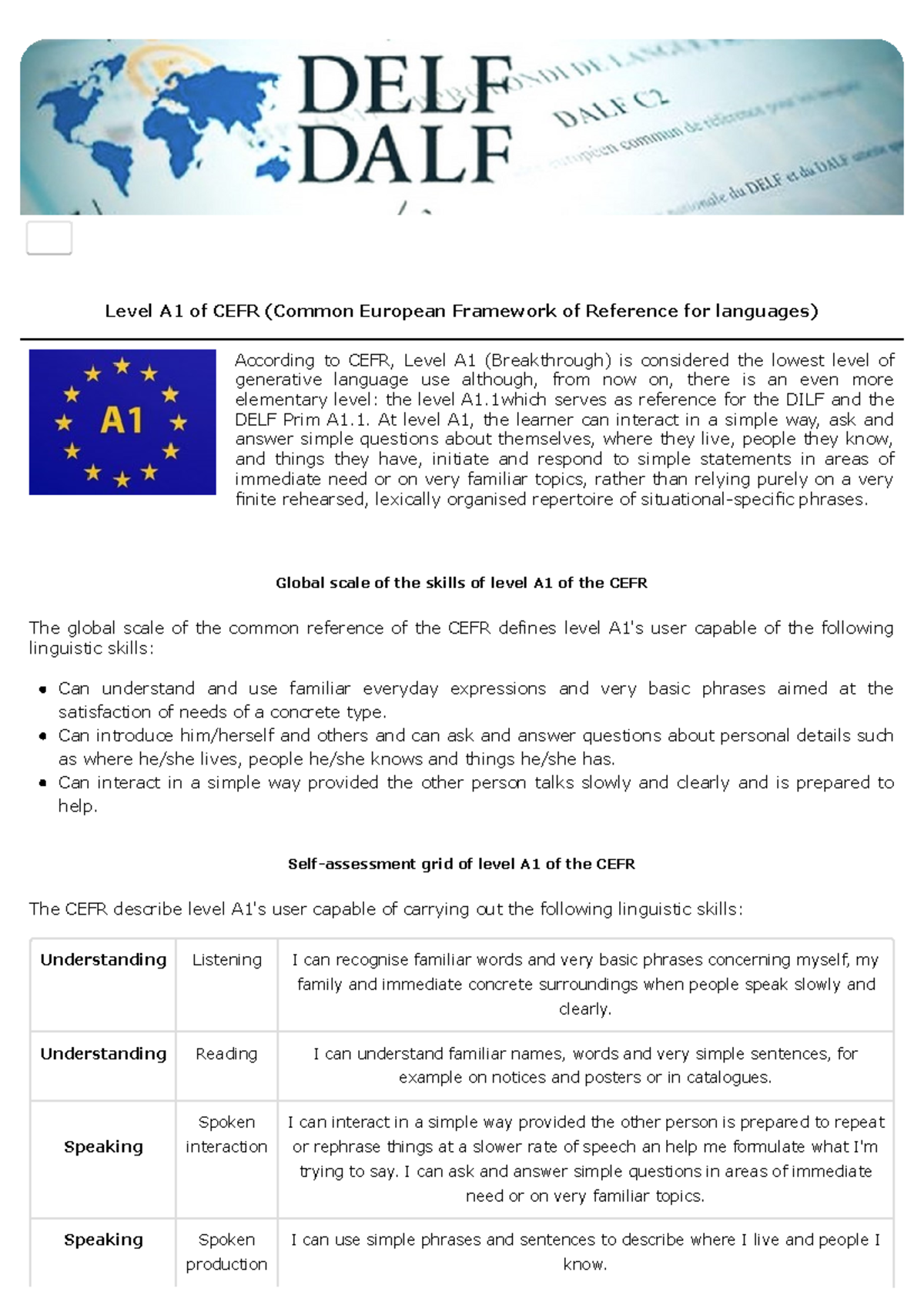 Level A1 of CEFR - Objetivos para examen CEFR - Level A1 of CEFR ...