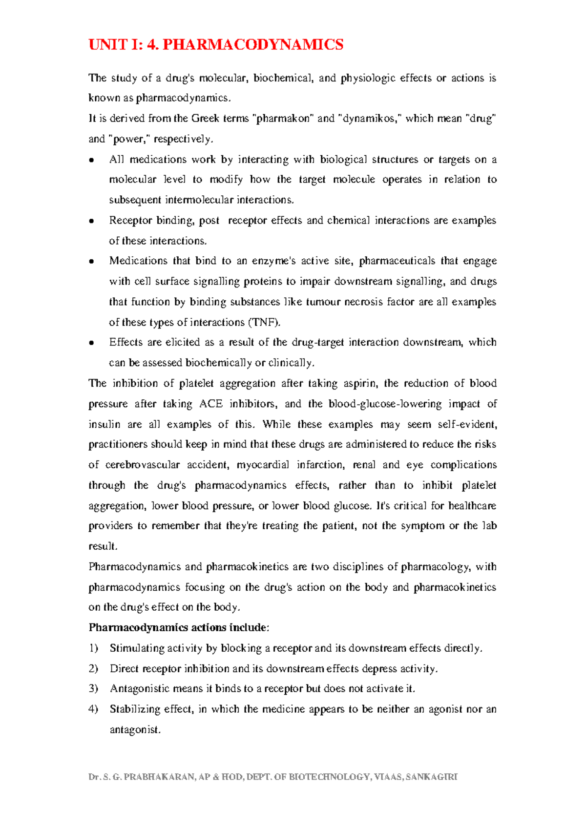 1. 4 Pharmacodynamics - pharmoco dynamics chap[ter i - UNIT I: 4 ...