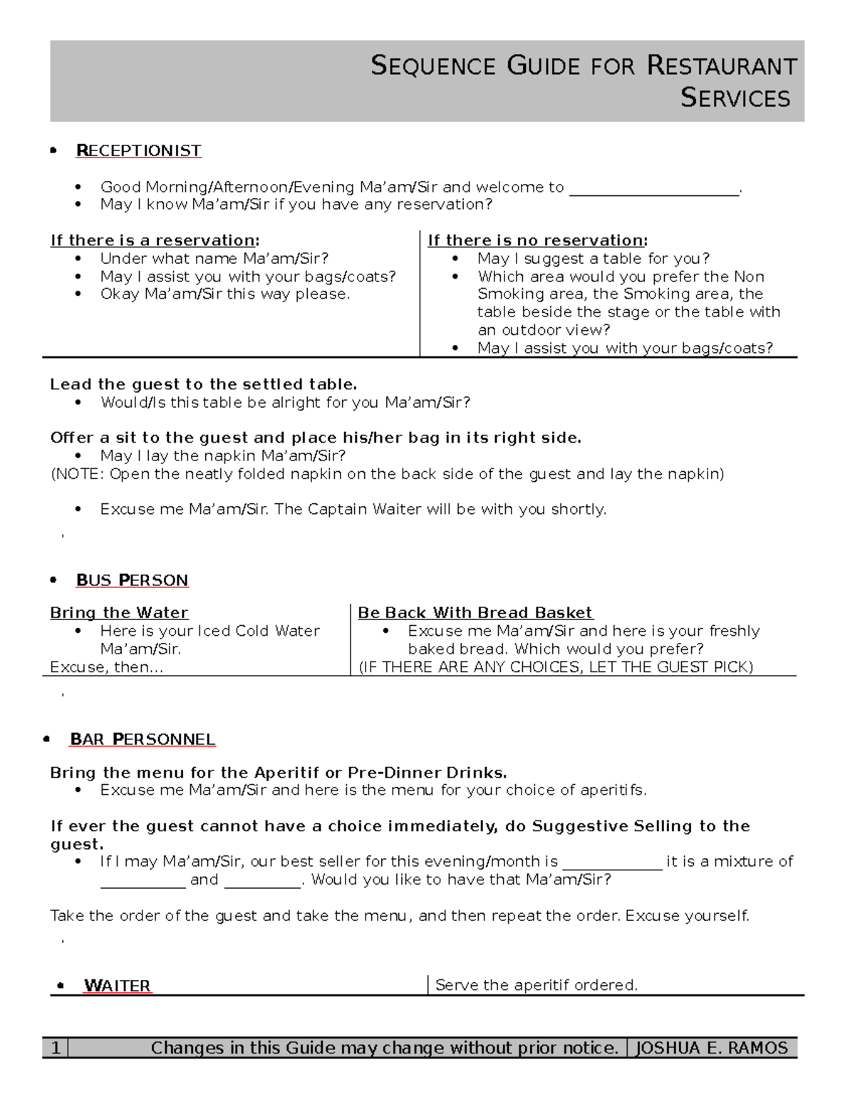 FBS Restaurant Service Sequence updated - SEQUENCE GUIDE FOR RESTAURANT ...