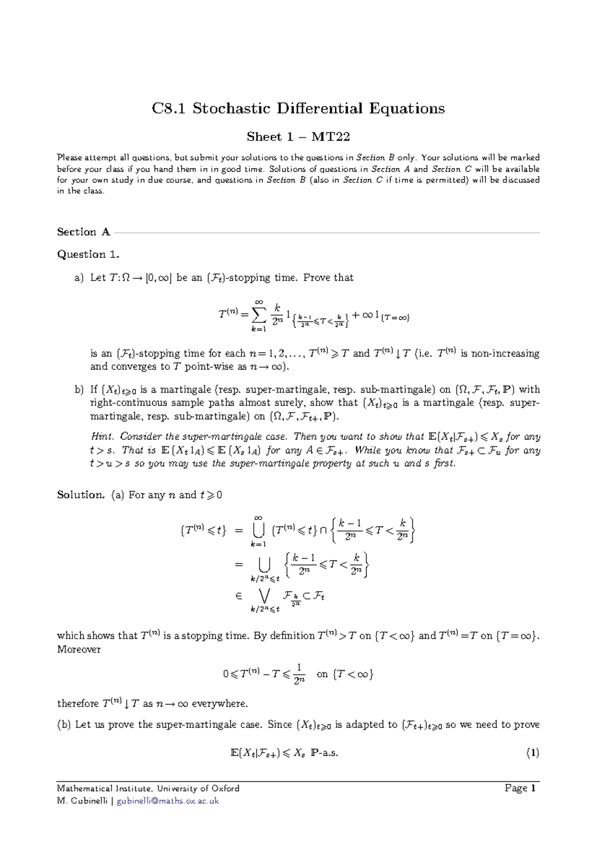 C8 1 problem sheet 1 with sol - C8 Stochastic Differential Equations Sheet 1 MT Please attempt ...