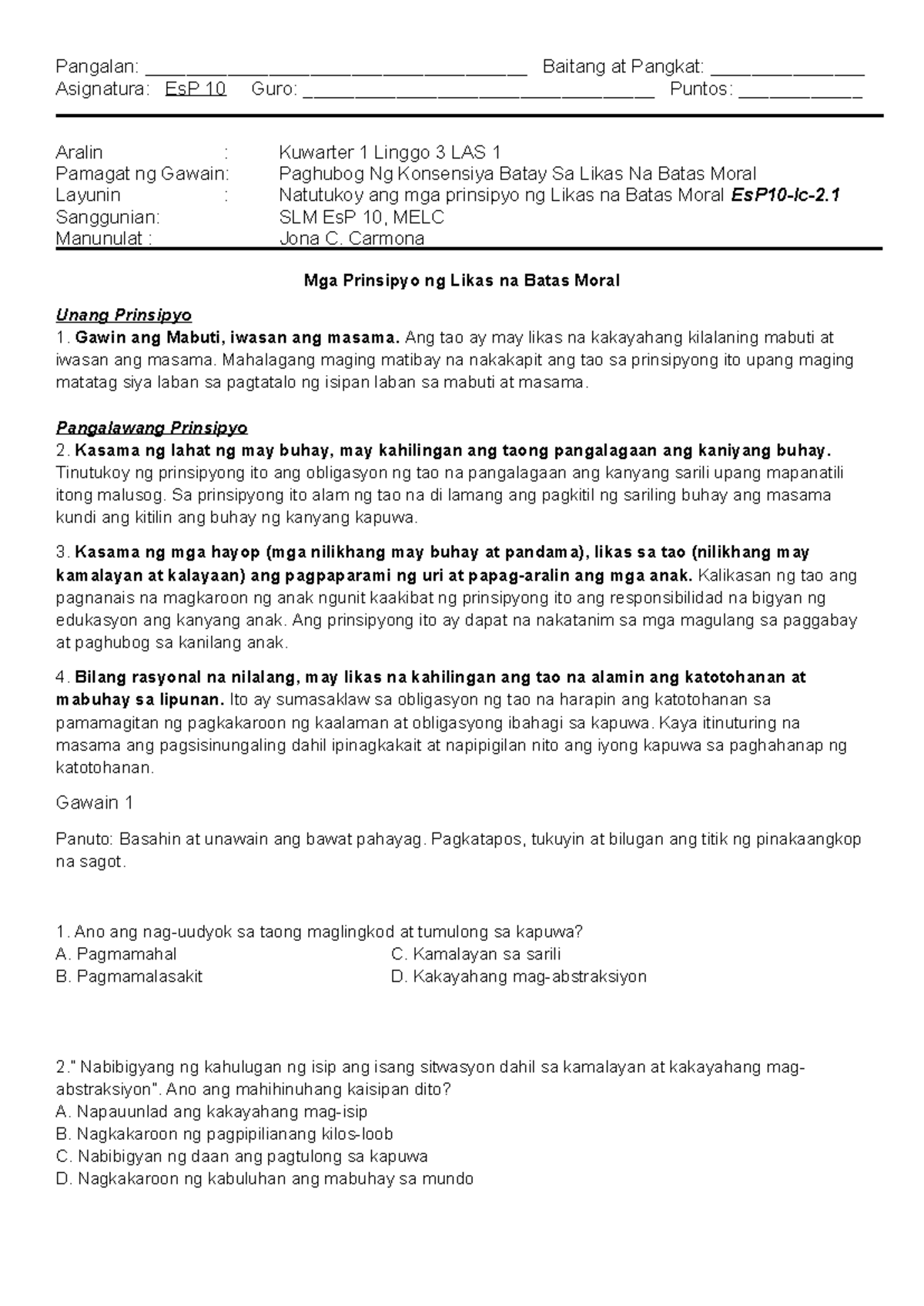 LAS Es P10 Q1 WEEK3 - LECTRE - Pangalan: _____________________________________ Baitang at ...