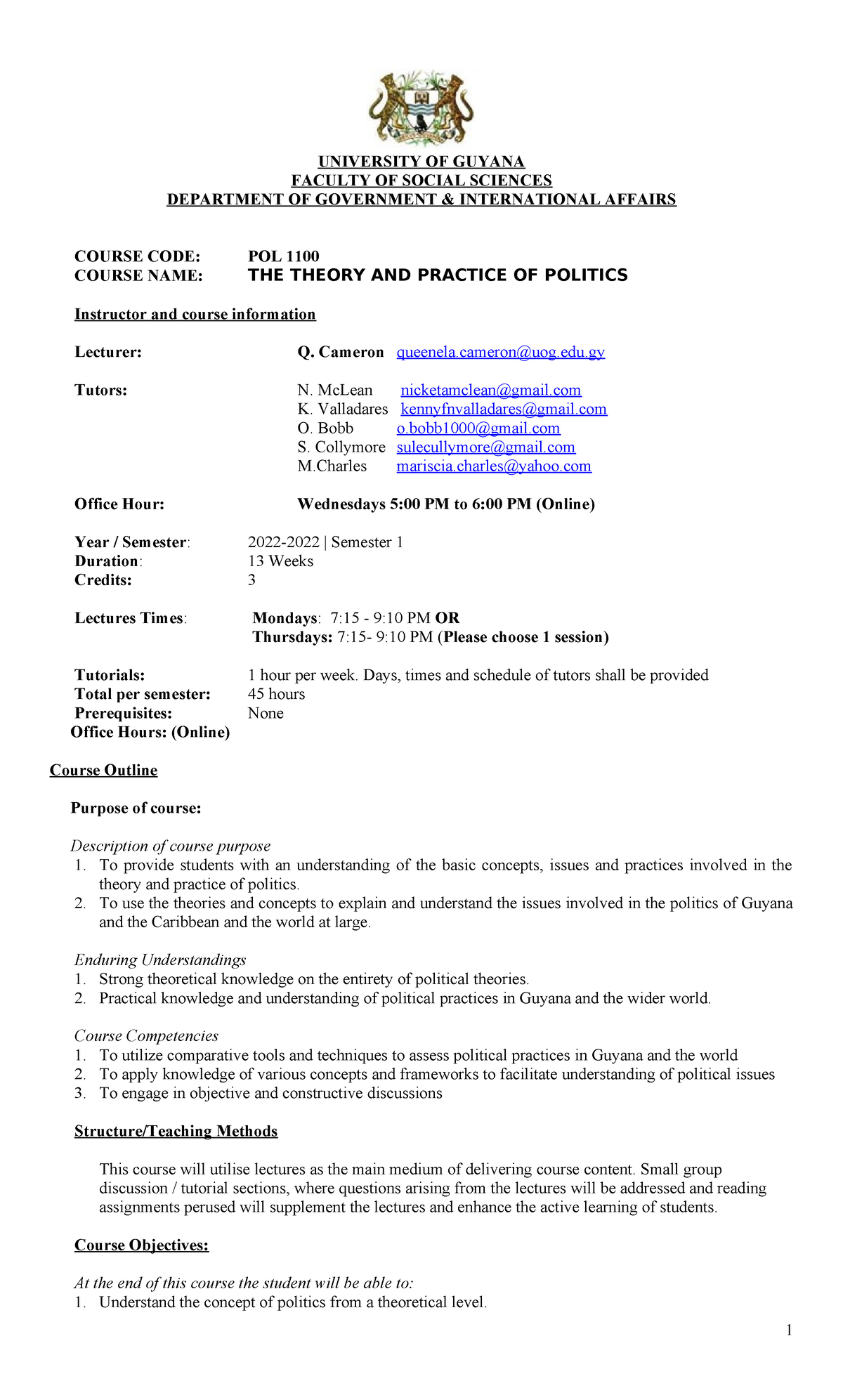 POL 1100 Course Outline 2022 - UNIVERSITY OF GUYANA FACULTY OF SOCIAL ...