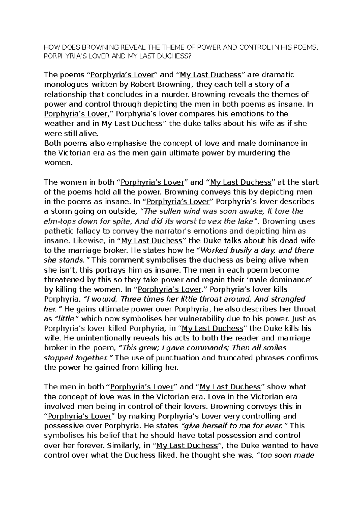 Compartive essay PF+MLD - HOW DOES BROWNING REVEAL THE THEME OF POWER ...