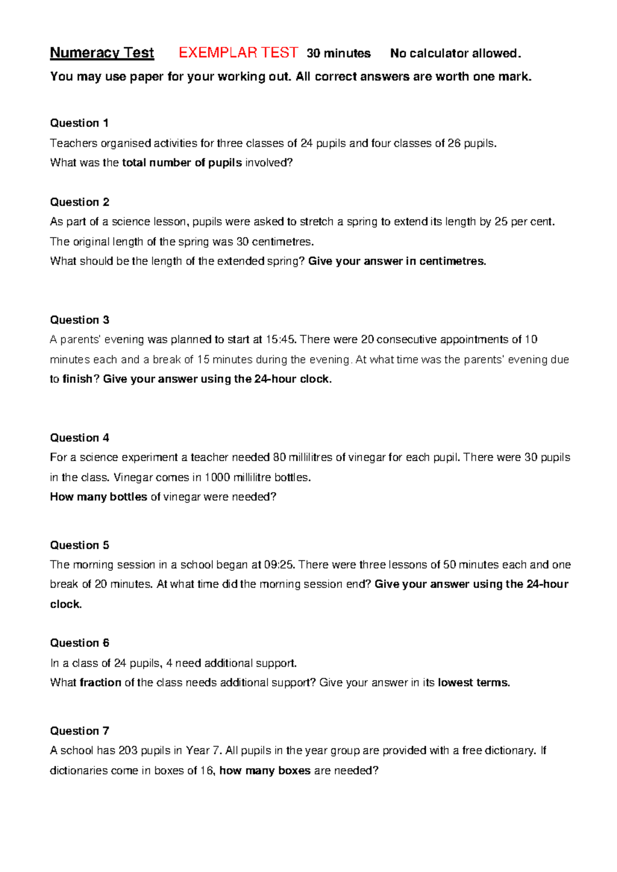 +Numeracy test A2 Exemplar Sewctet June 2013 - Numeracy Test EXEMPLAR ...
