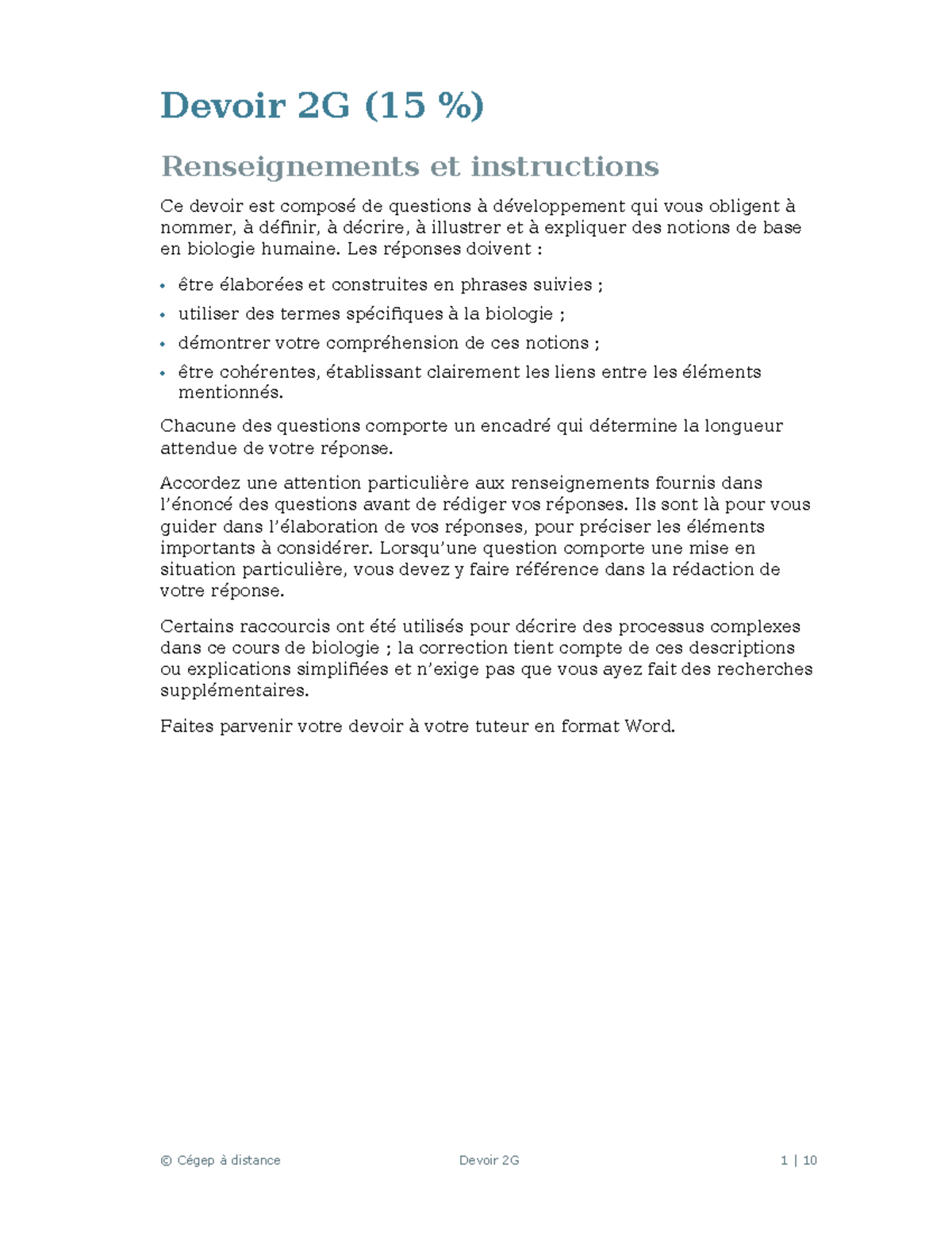 Devoir 2 Bio - ............ - Devoir 2G (15 %) Renseignements et instructions Ce devoir est ...