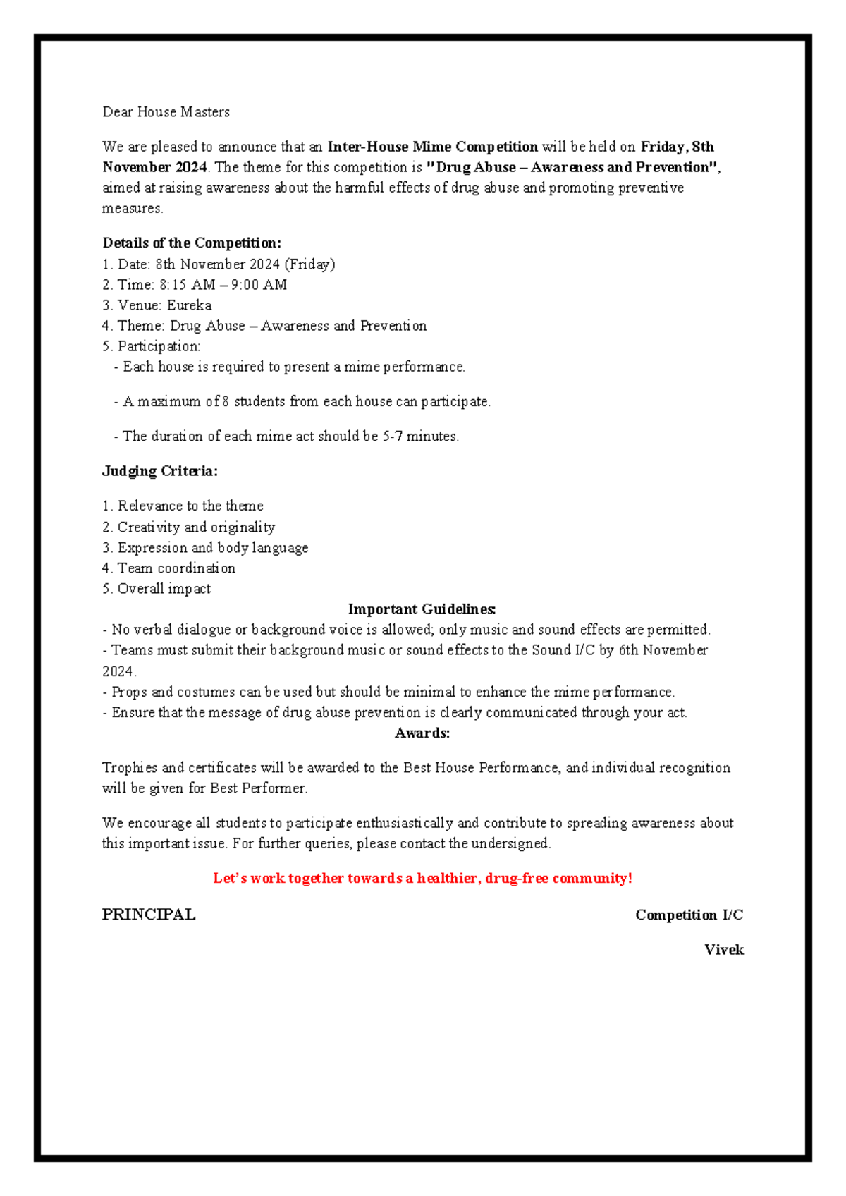 Inter House MIME Competition - Dear House Masters We are pleased to ...