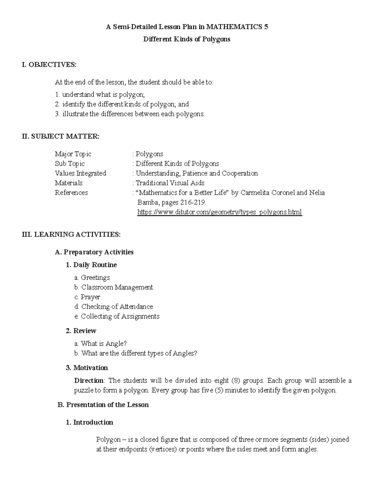 SDLP-MATH - A Semi-Detailed Lesson Plan in MATHEMATICS 5 Different Kinds of Polygons I ...