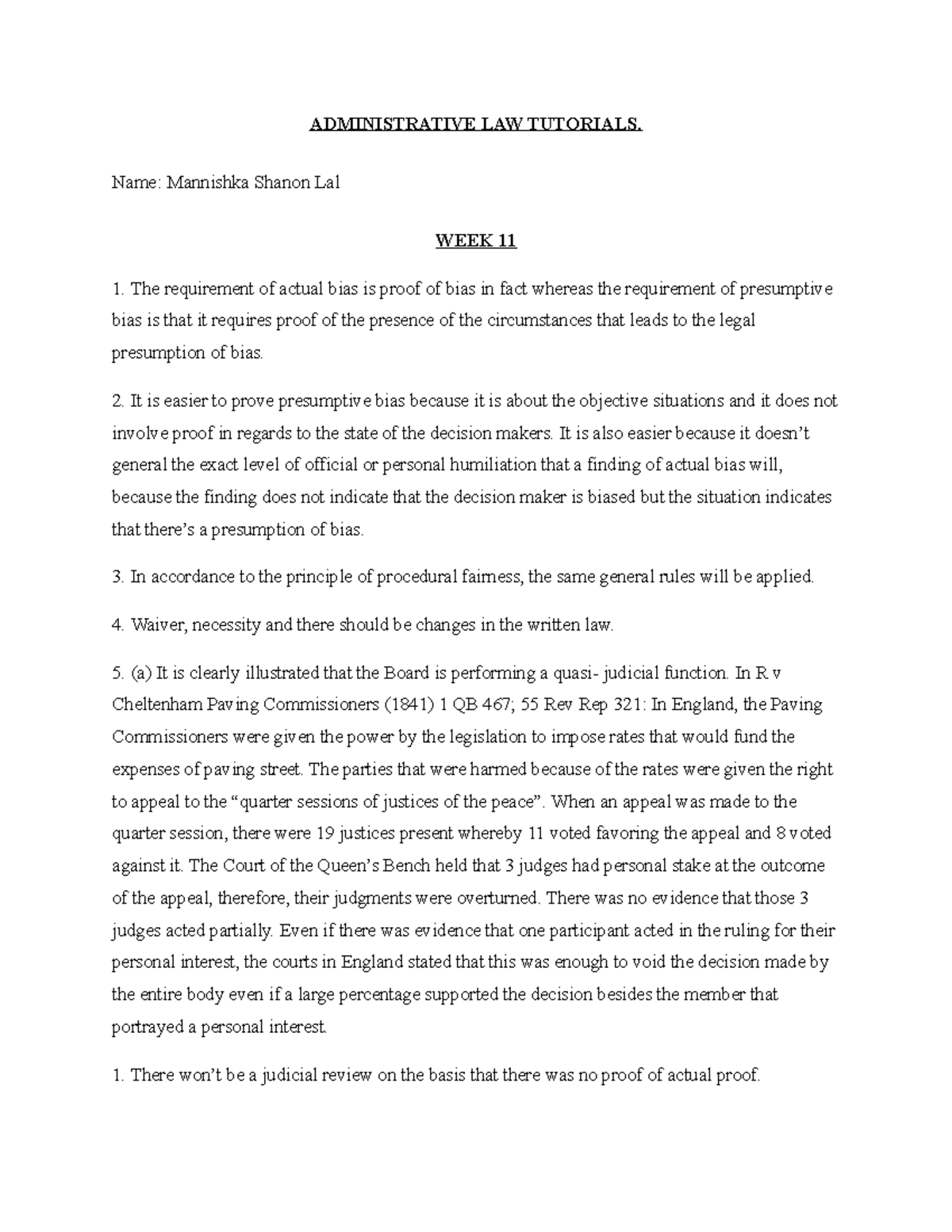 Mannishka Lal- Week 11 Lw309 Tutorial - ADMINISTRATIVE LAW TUTORIALS ...