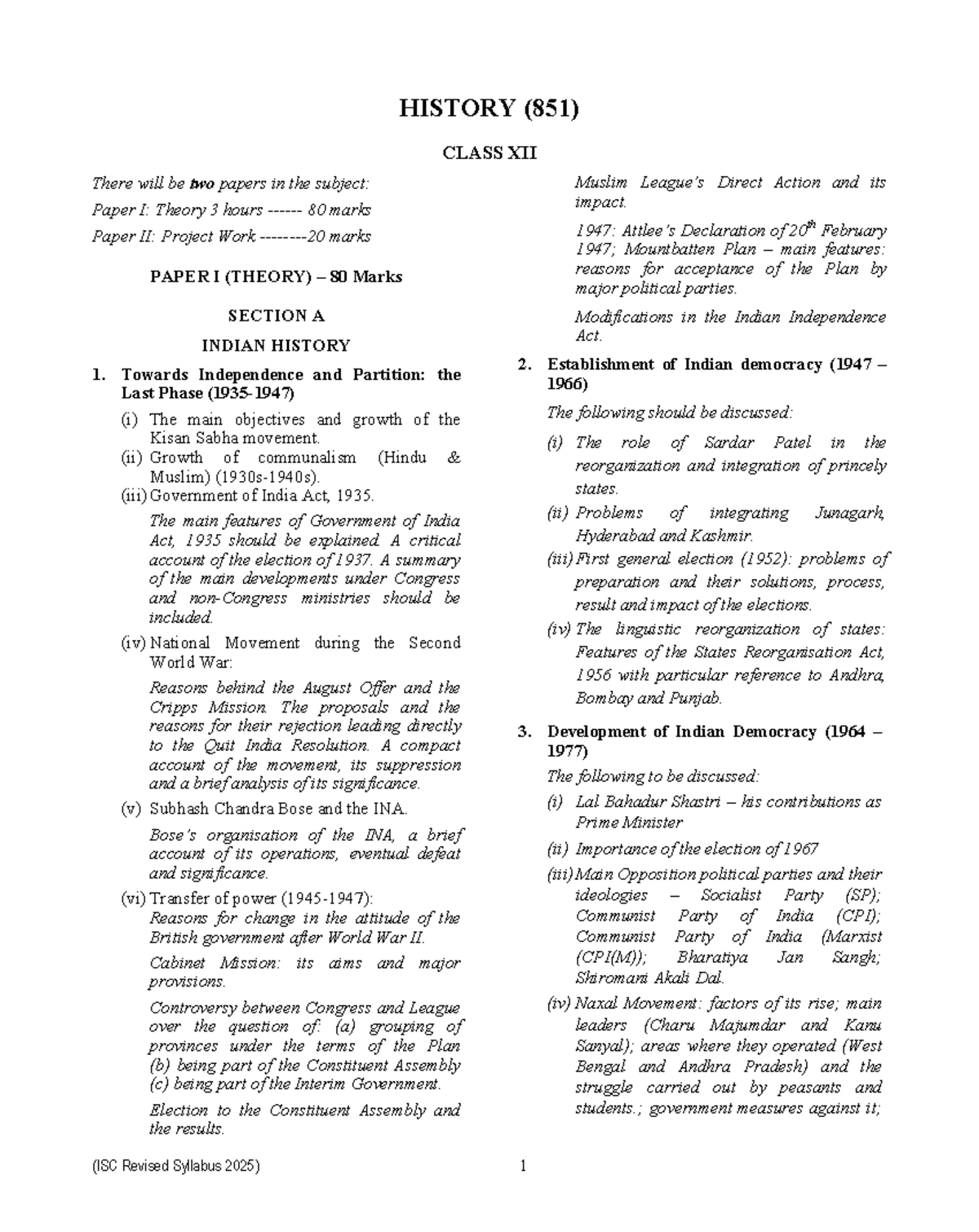 Isc history syllabus 2025 class 12 - HISTORY (851) CLASS XII There will ...