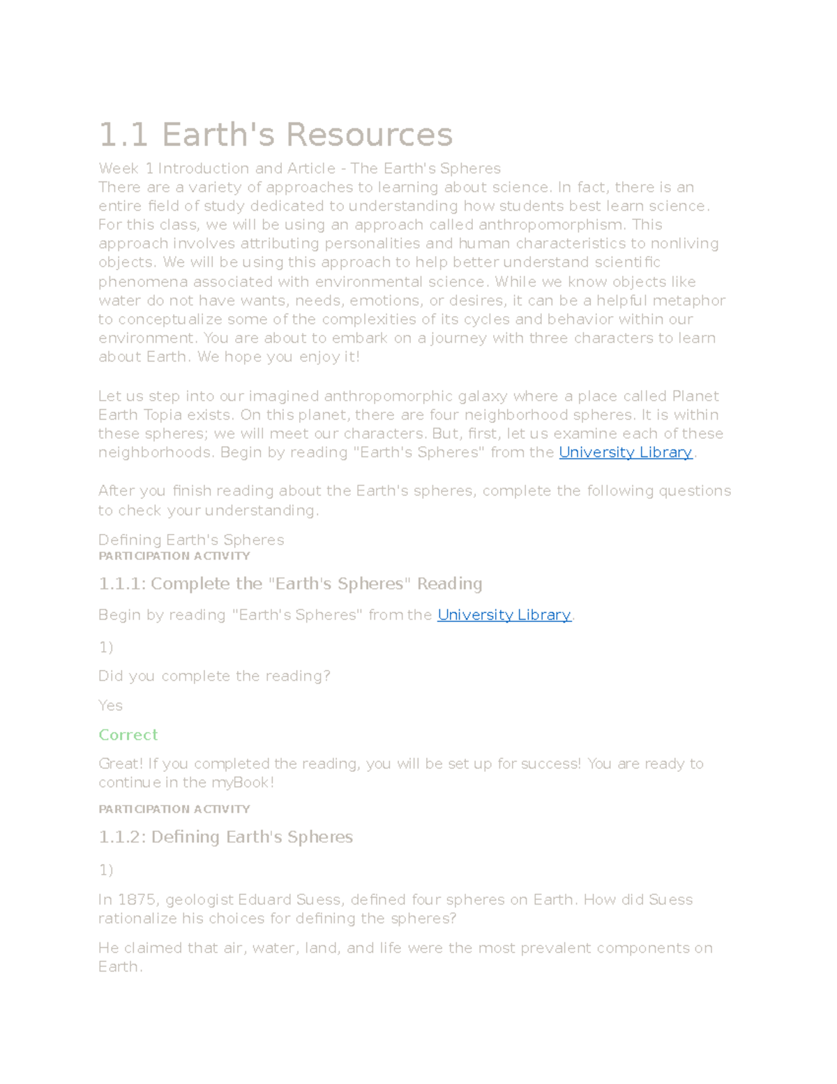 Week 1 my book participation assignment - 1 Earth's Resources Week 1 ...