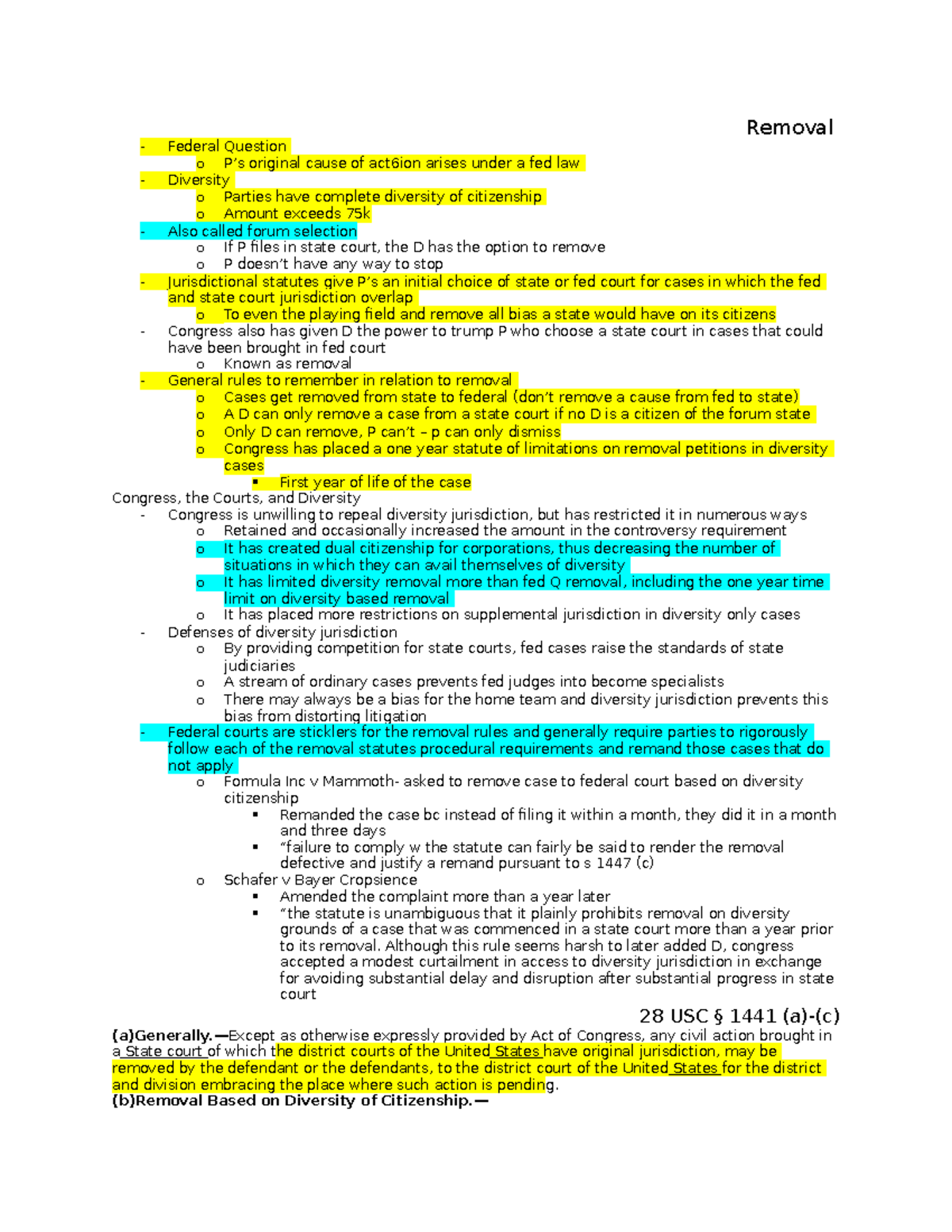 Removal Lecture Note - Removal Federal Question o P’s original cause of ...