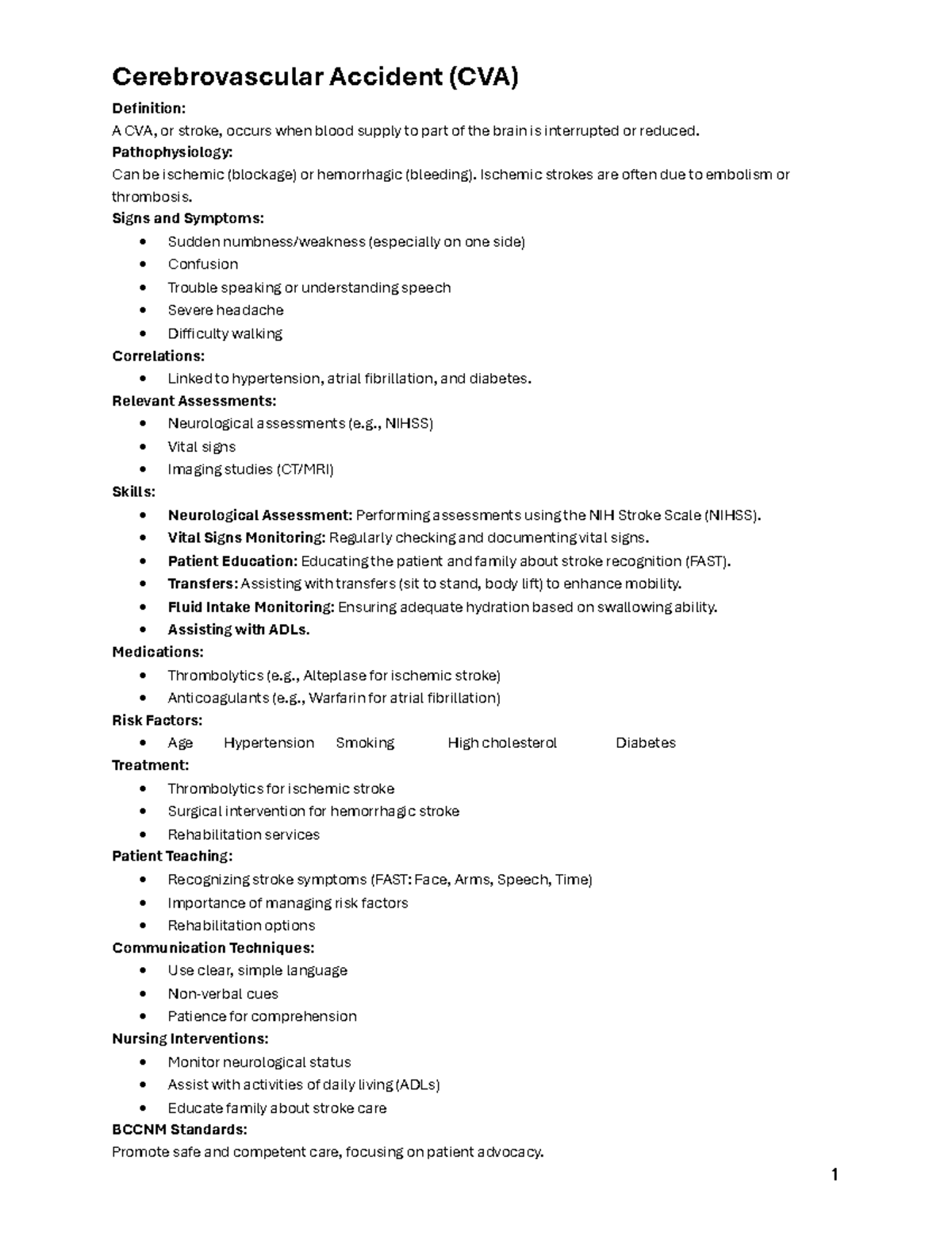 INPA skills for L2 - Cerebrovascular Accident (CVA) Definition: A CVA ...