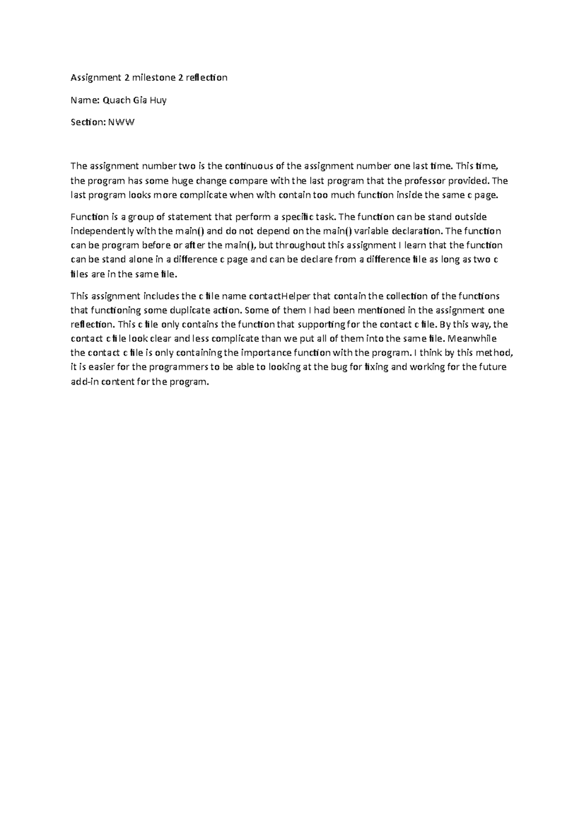 Assignment 2 milestone 2 reflection - Assignment 2 milestone 2 ...