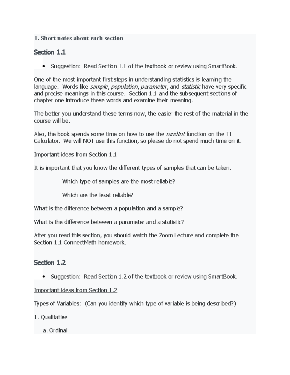 Chapter 1 notes - Stat - 1. Short notes about each section Section 1. 1 ...