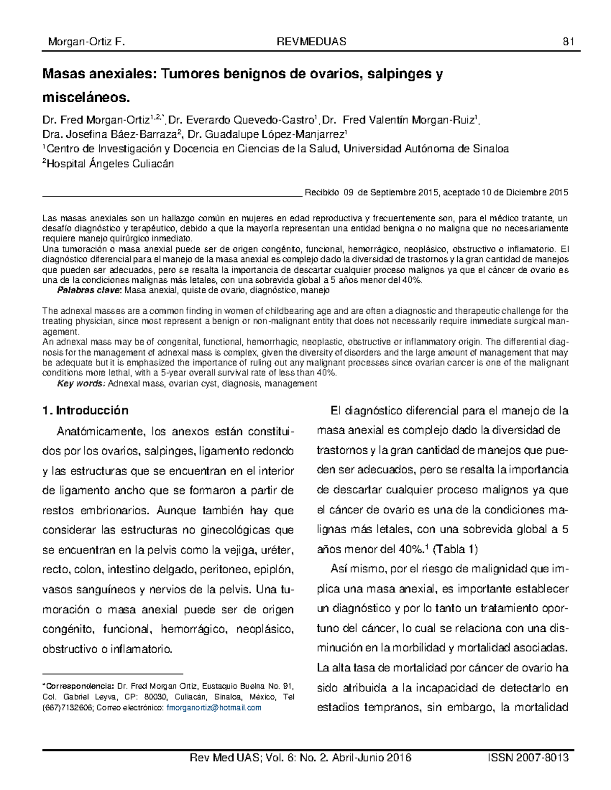 Tumor anexial manejo - Morgan-Ortiz F. REVMEDUAS 81 Masas anexiales: Tumores benignos de ovarios ...