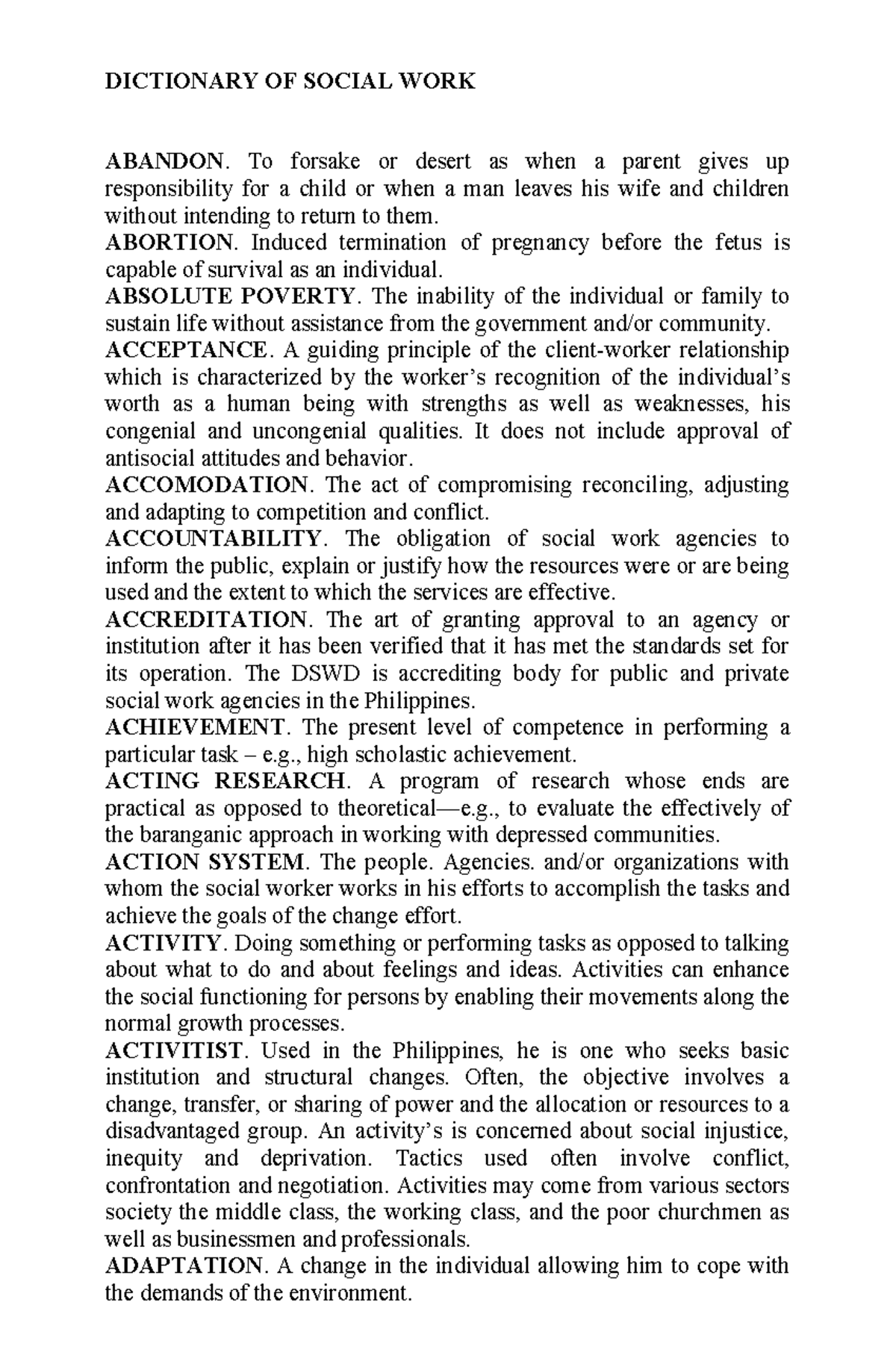 Dictionary OF Social WORK - DICTIONARY OF SOCIAL WORK ABANDON. To ...