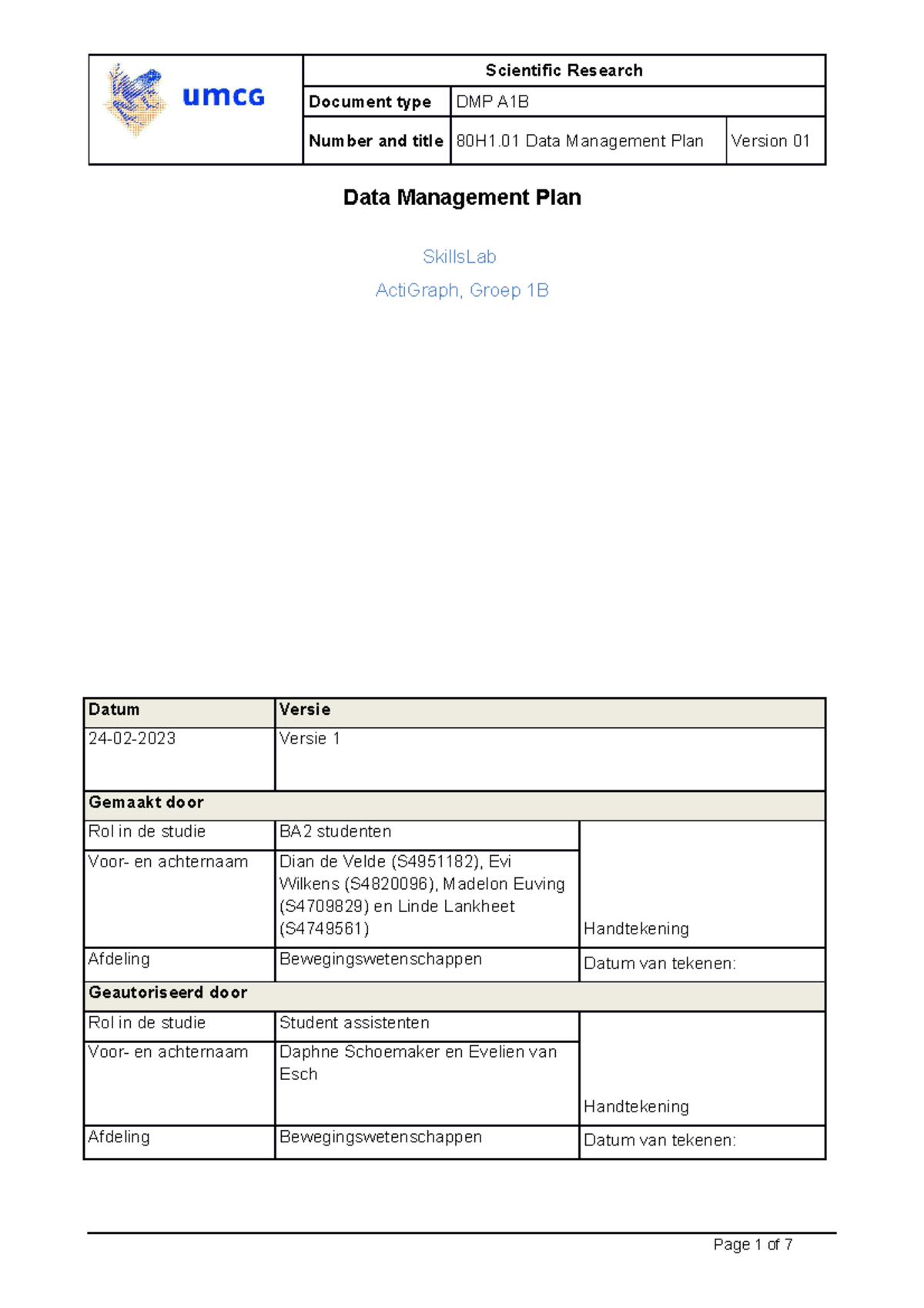 Data Management Plan Skillslab A1B - Document type DMP A1B Number and ...