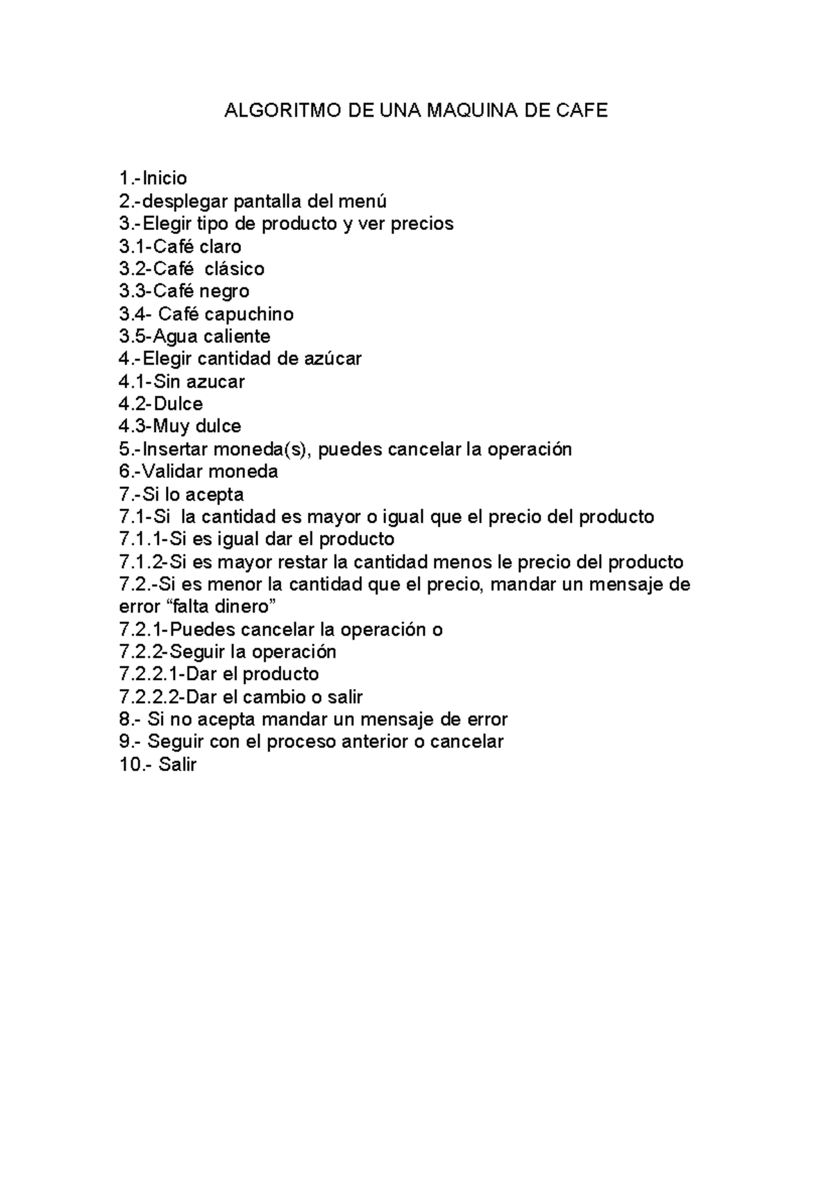 Algoritmo maquina de cafe - ALGORITMO DE UNA MAQUINA DE CAFE 1.-Inicio ...