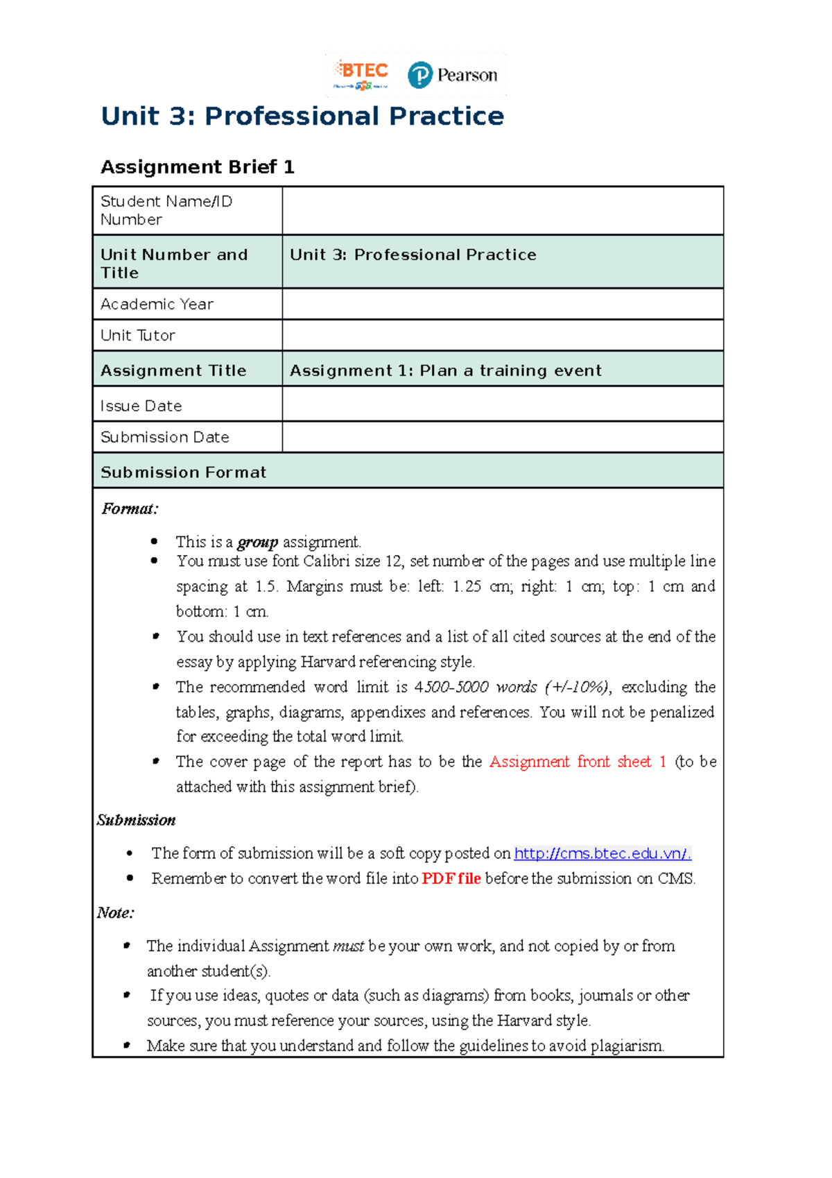 Assignment Brief 1 - ASM1 - Unit 3: Professional Practice Assignment Brief 1 Student Name/ID ...