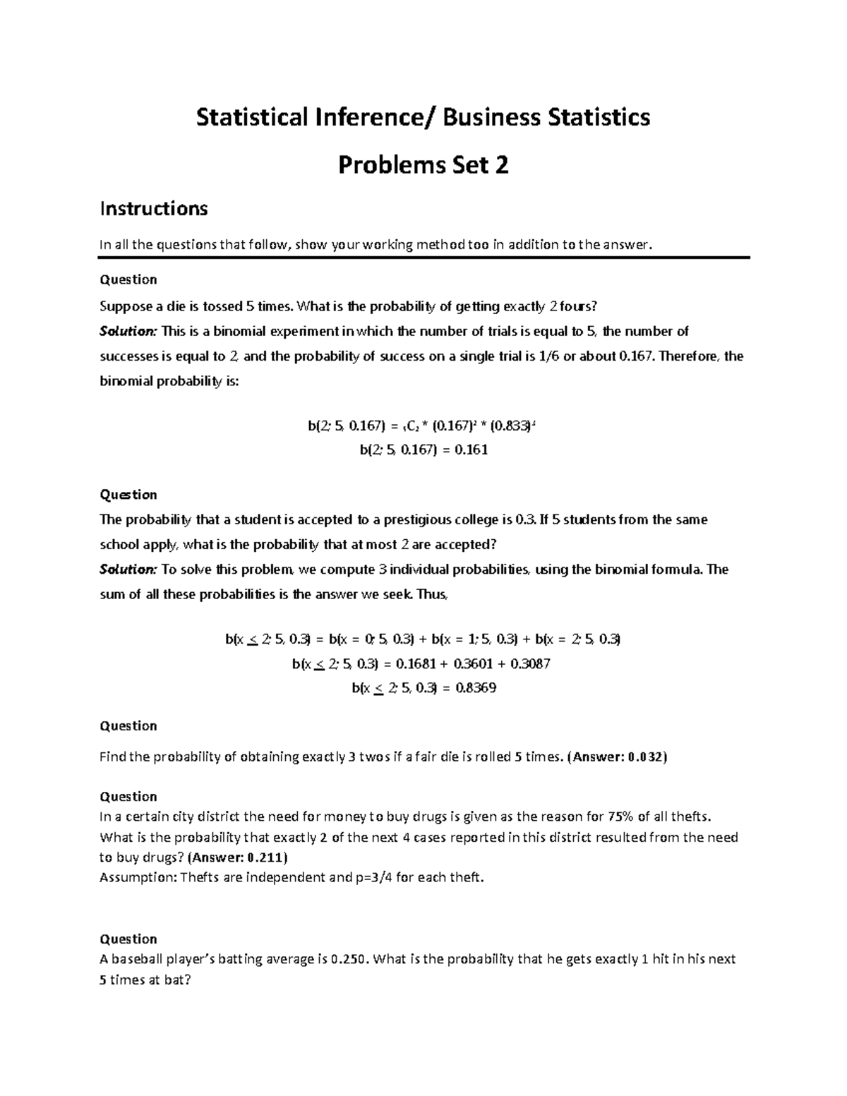 Business Statistics Problems Set 2 Business Analytics IU Studocu