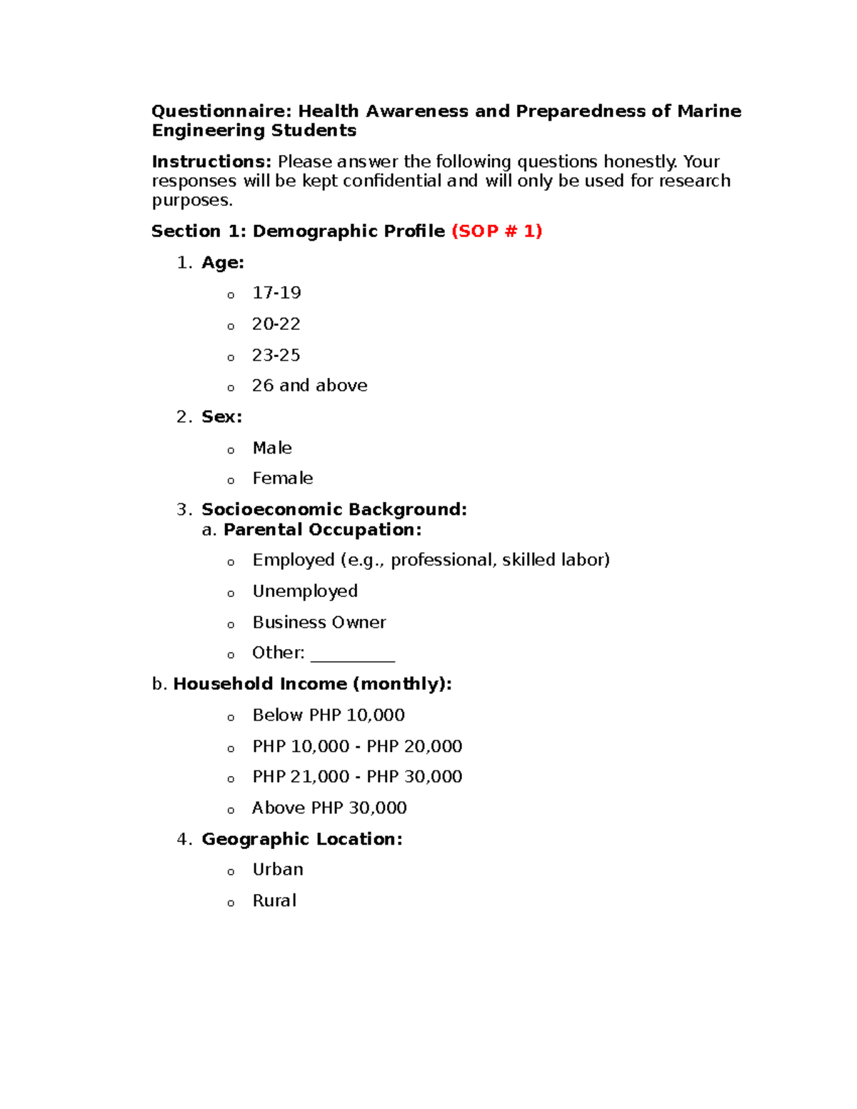 Questionnaire G2 Onboard Duties - Questionnaire: Health Awareness and ...