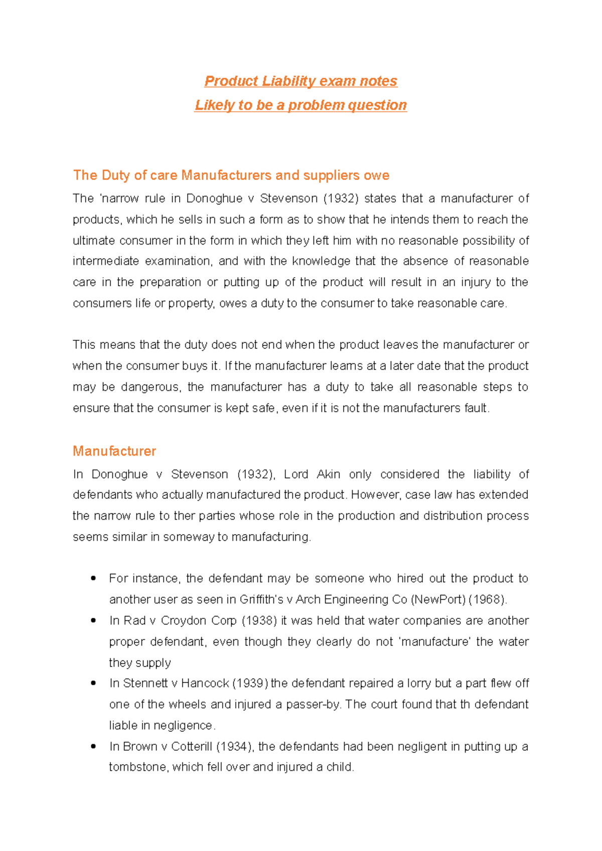 Product Liability exam notes - Product Liability exam notes Likely to ...