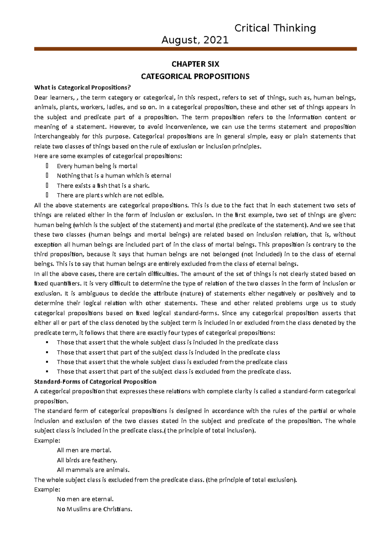 Critical Thinking-Chapter Six - August, 2021 CHAPTER SIX CATEGORICAL ...