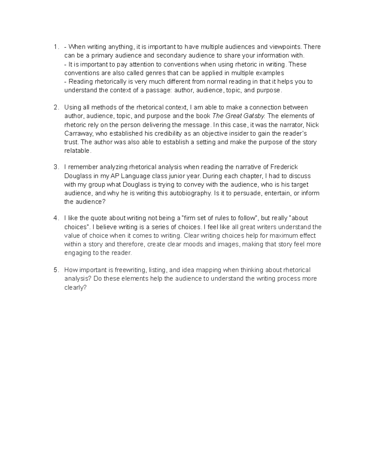 Reading Response Al Reading and Writing Rhetorically - When writing ...