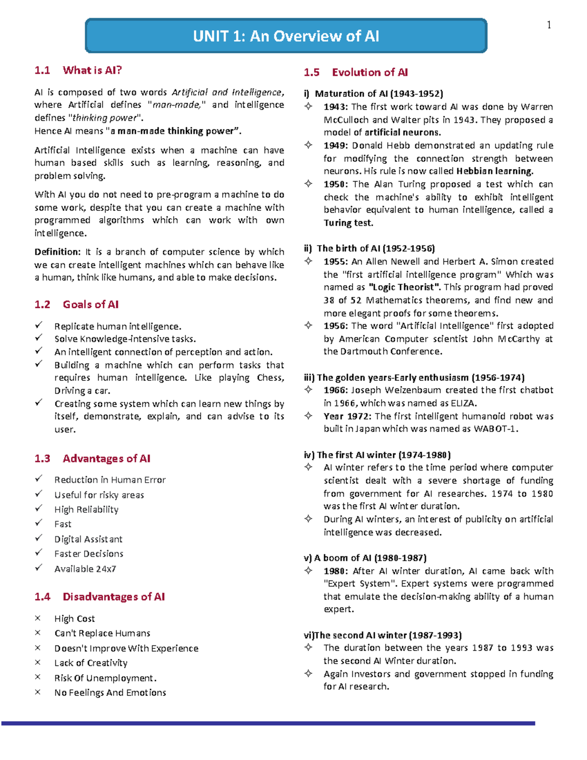 AI Unit 1 - Lecture notes 1-4 - 1 What is AI? AI is composed of two ...